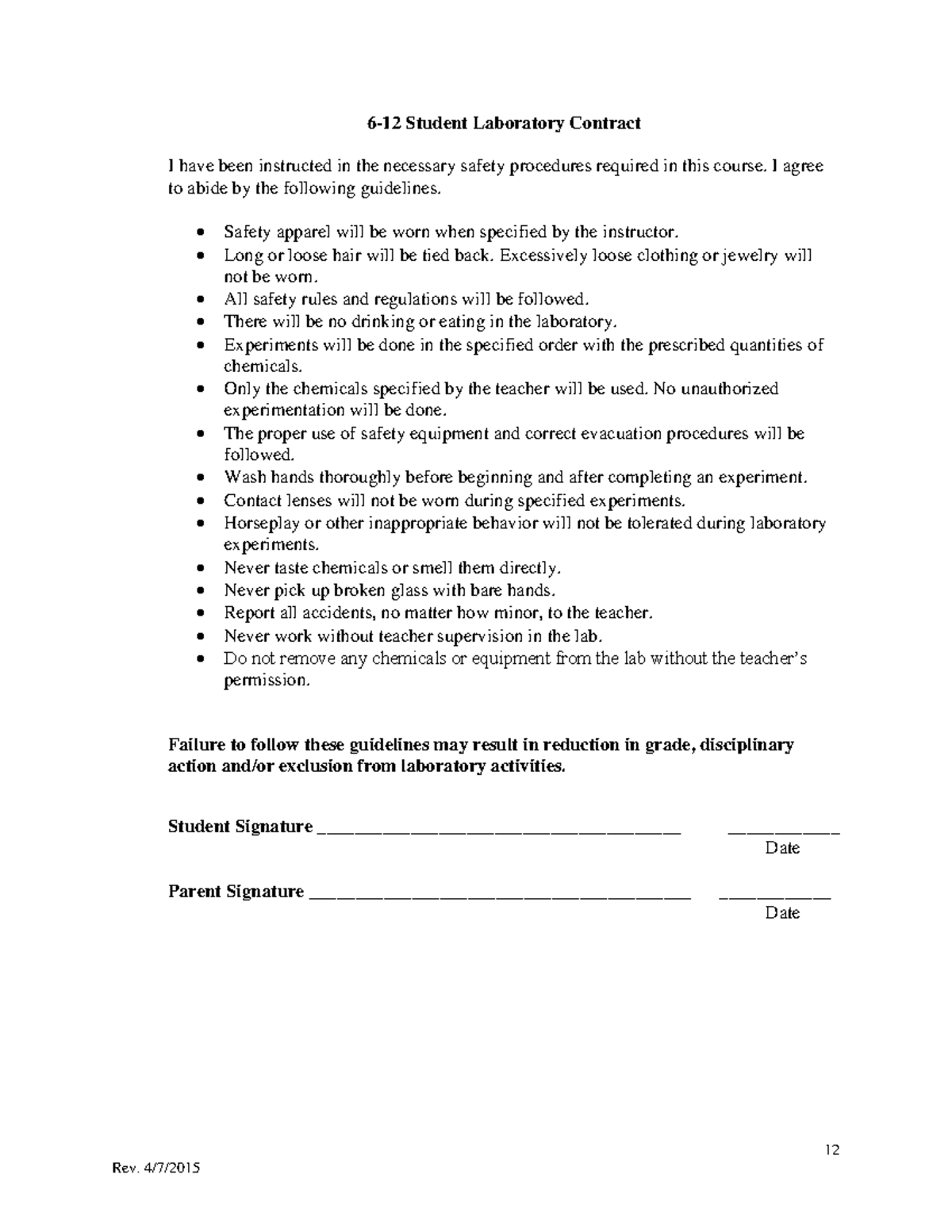 Lab Safety Contract - 12 Rev. 4/7/ 6-12 Student Laboratory Contract I ...