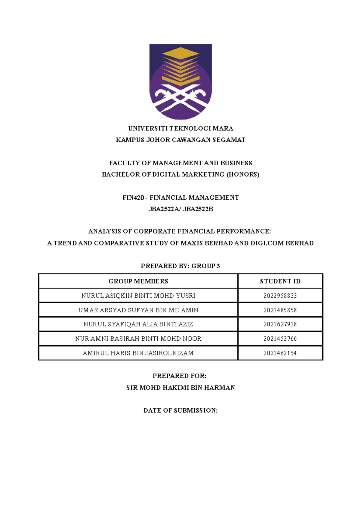 FIN420 CS Dn M - contoh assignment - UNIVERSITI TEKNOLOGI MARA KAMPUS ...