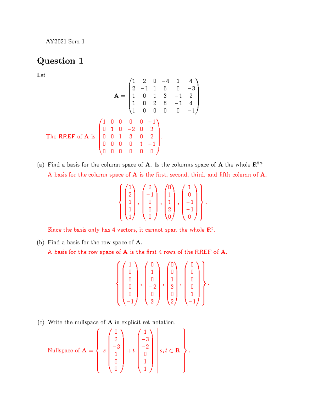 MA1508E AY2021 Sem1 (Solution) - AY2021 Sem 1 Question 1 Let A = 1 2 0 − 4 1 4 2 − 1 1 5 - Studocu
