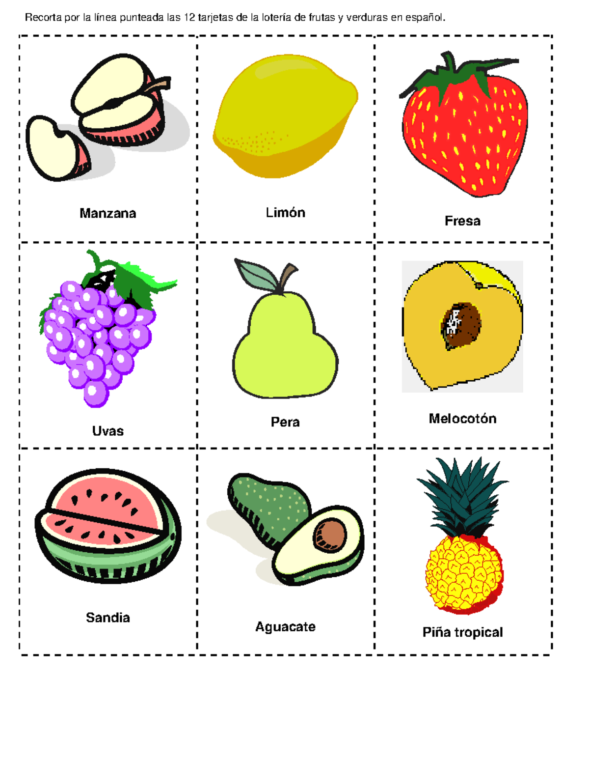 Bingo de frutas y verduras en espac 3b1ol 2 - Recorta por la línea ...