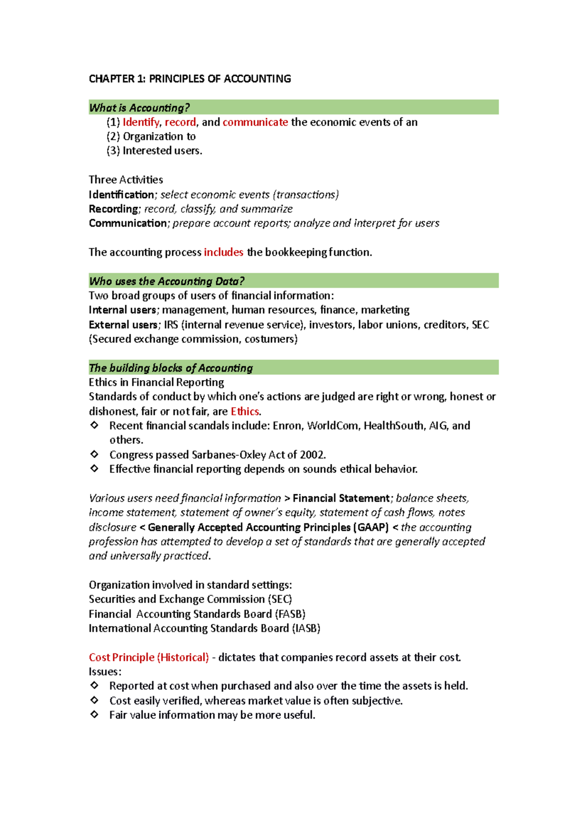 Chapter 1 - Acctg Notes - CHAPTER 1: PRINCIPLES OF ACCOUNTING What is ...