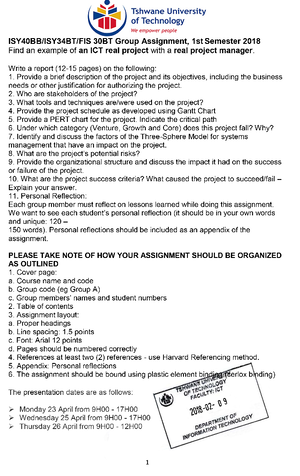 ISY34BT Group Assignment - GROUP MEMBERS: NAMES STUDENT NO. 1. 2. 3. ICT FACULTY DEPARTMENT ...