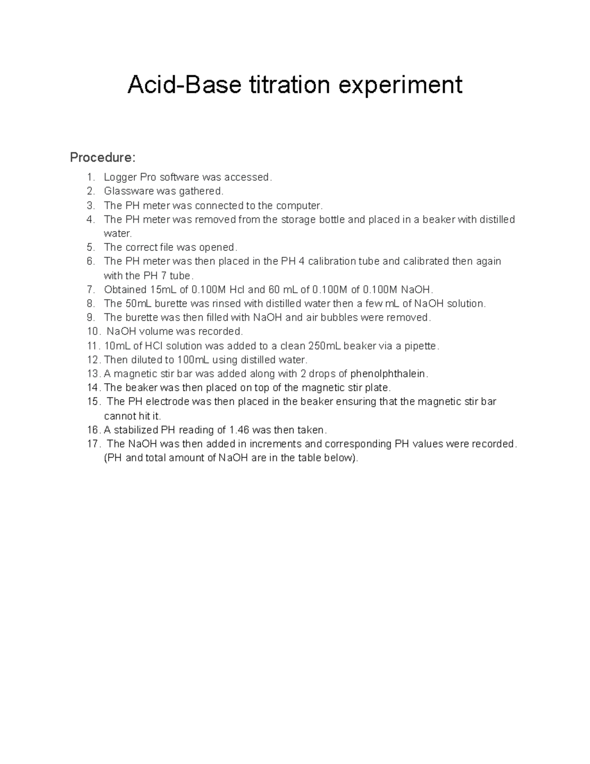 Titration post-lab, - Final lab - Acid-Base titration experiment ...