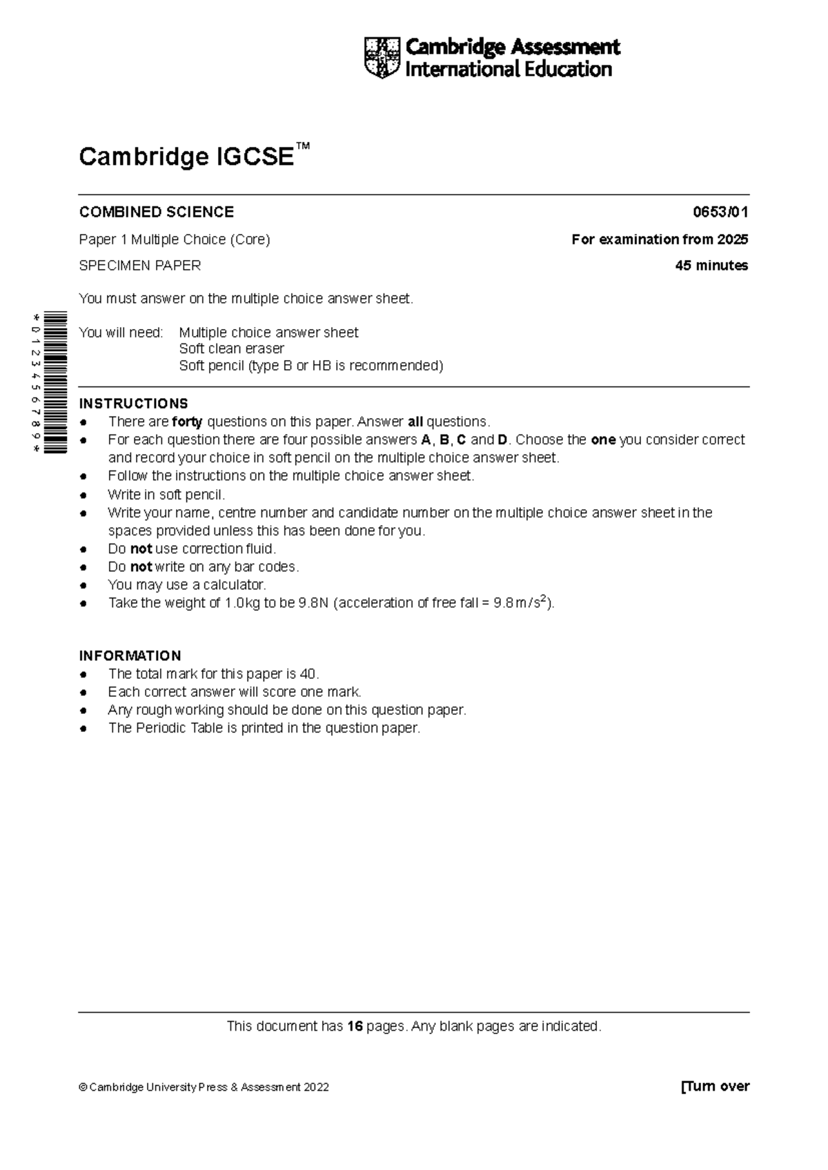671589 2025 specimen paper 1 - Cambridge IGCSE ™ COMBINED SCIENCE 0653 ...