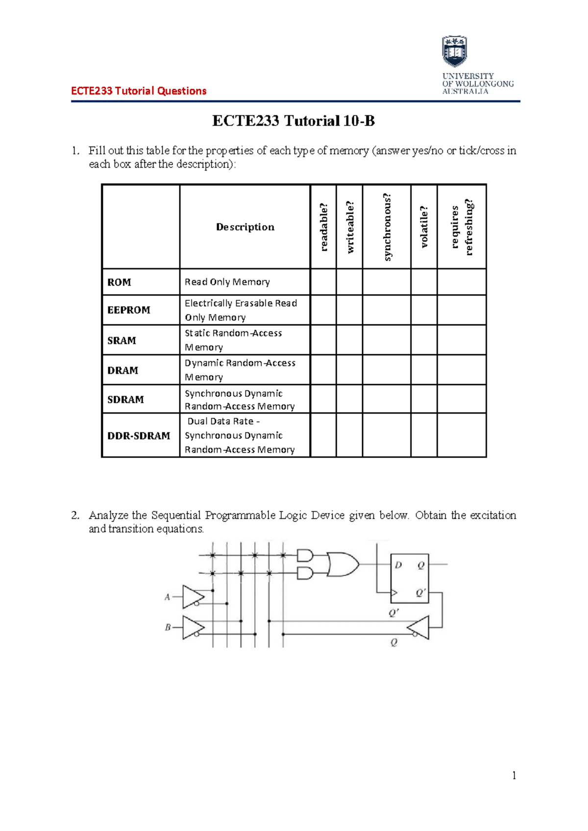ECTE233 Tutorial 10-B Questions 2024-min - ECTE233 Tutorial Questions 1 ECTE233 Tutorial 10 - B ...