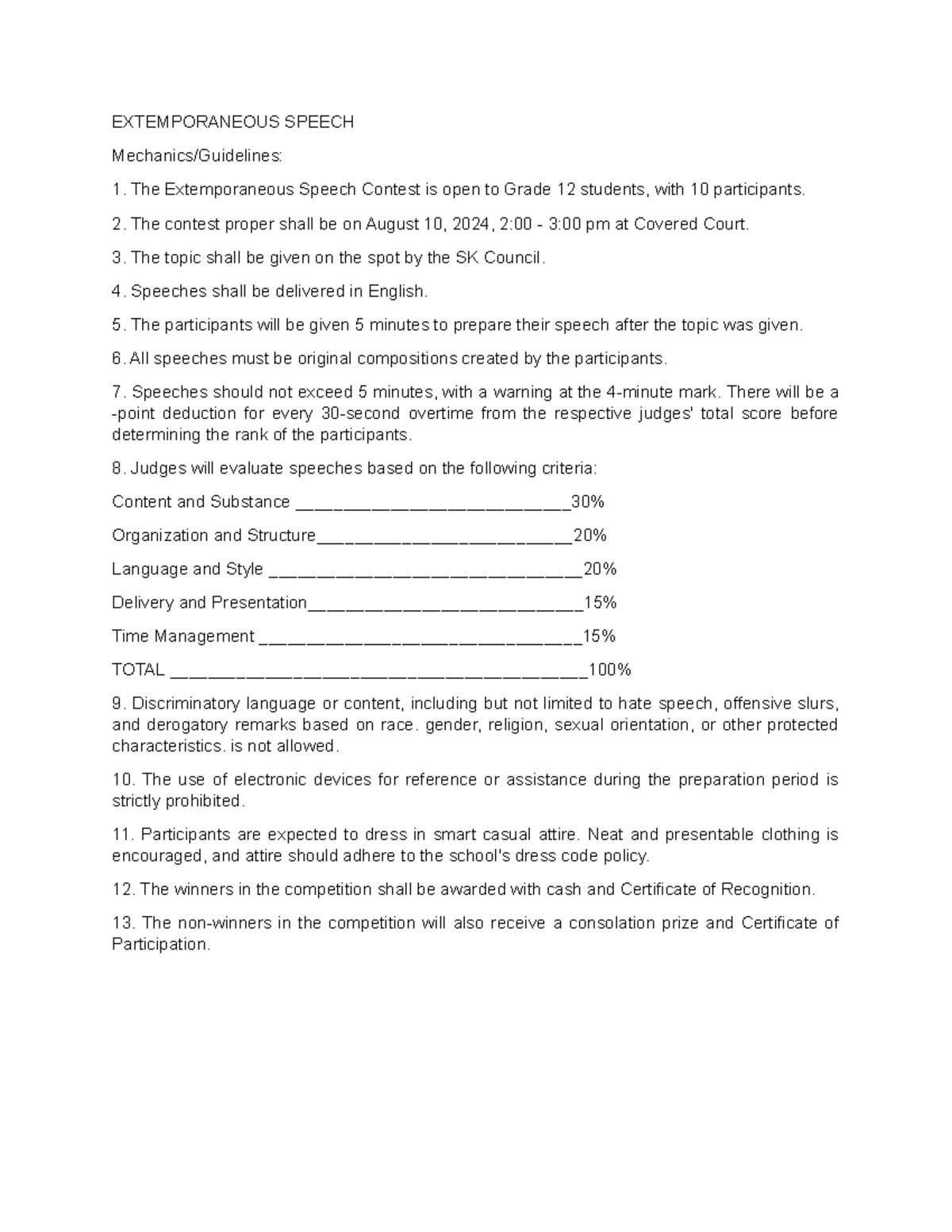 Extemporaneous Speech criteria - EXTEMPORANEOUS SPEECH Mechanics ...