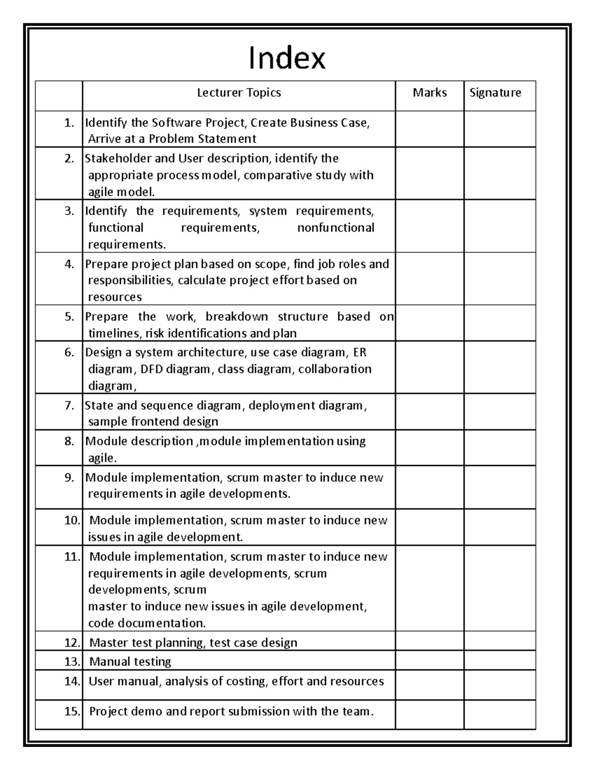 Batch 10 SEPM project - Index Lecturer Topics Marks Signature Identify ...