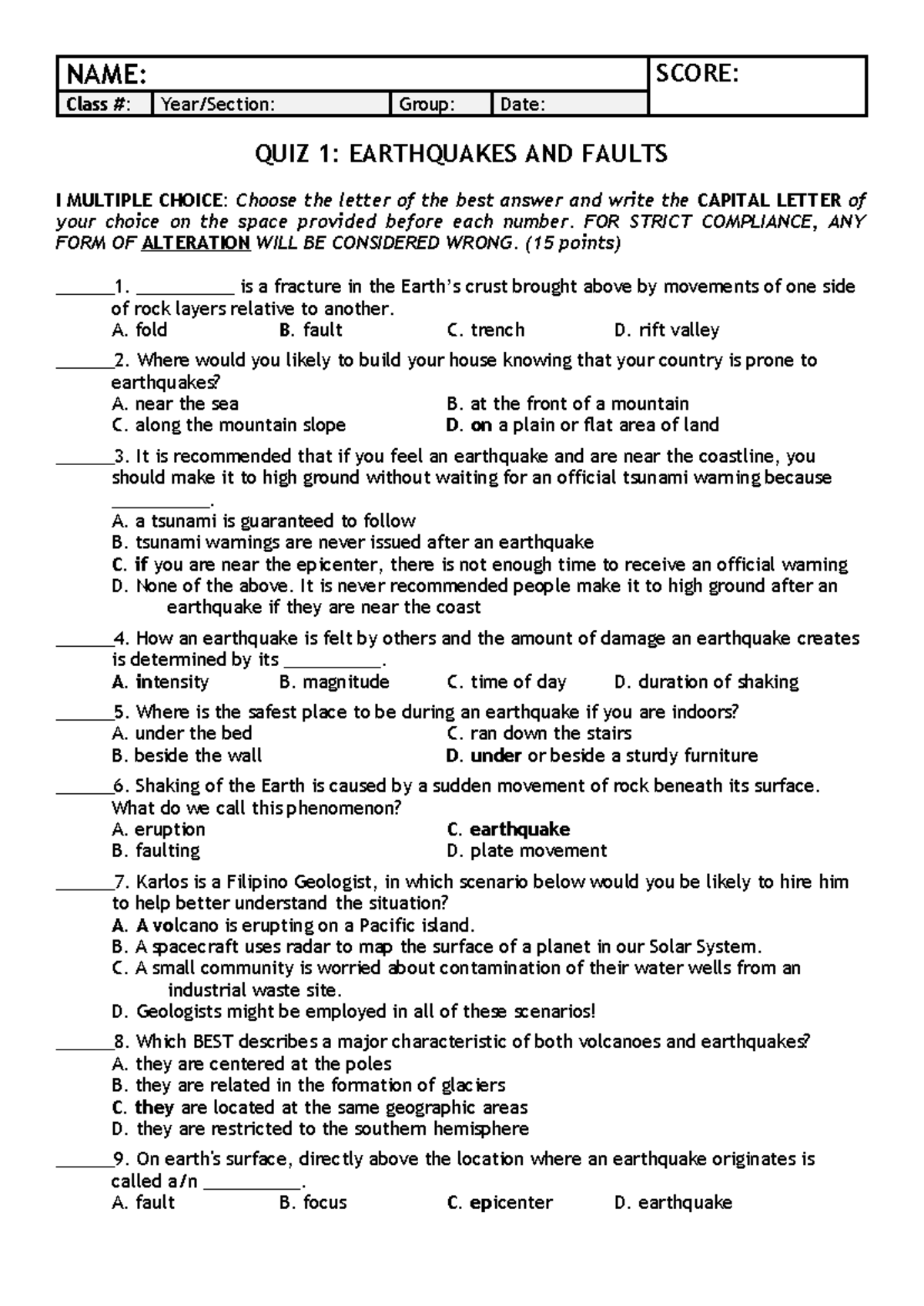 Rinhs science 8 2nd quiz 1 earthquakes and faults - NAME: SCORE: Class ...
