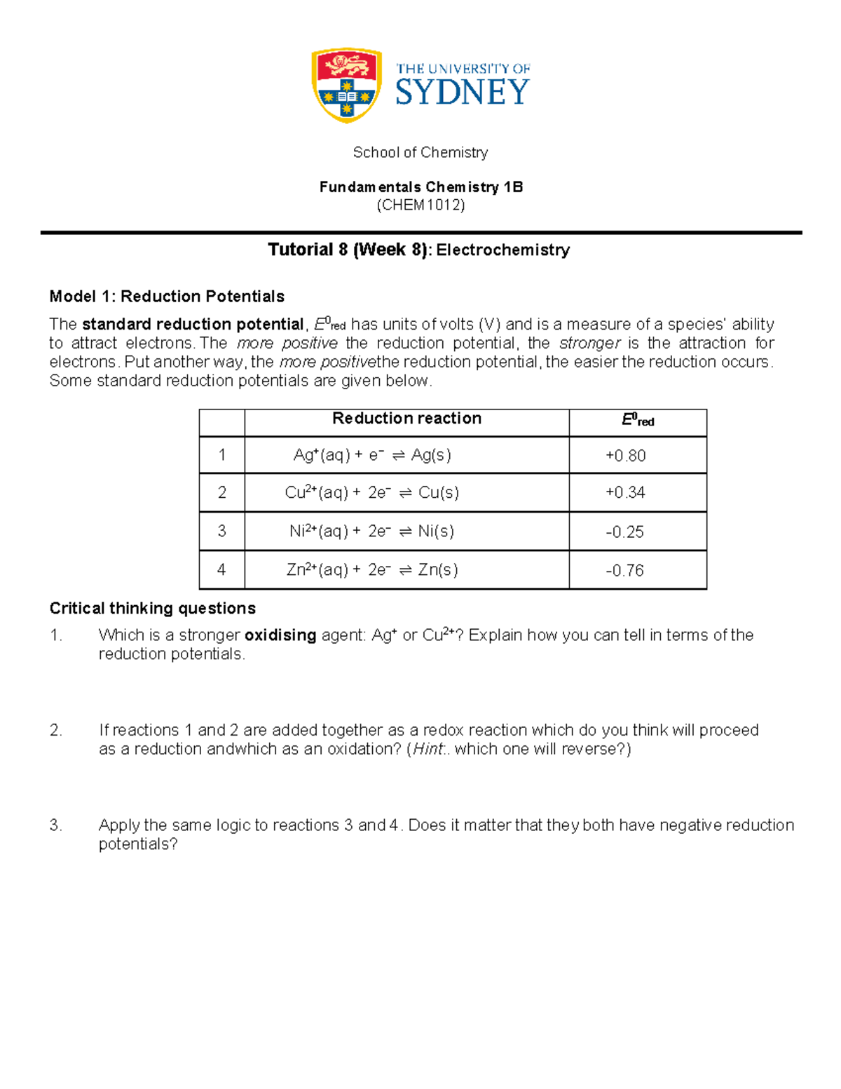 Tutorial 08 - School of Chemistry Fundamentals Chemistry 1B (CHEM1012 ...