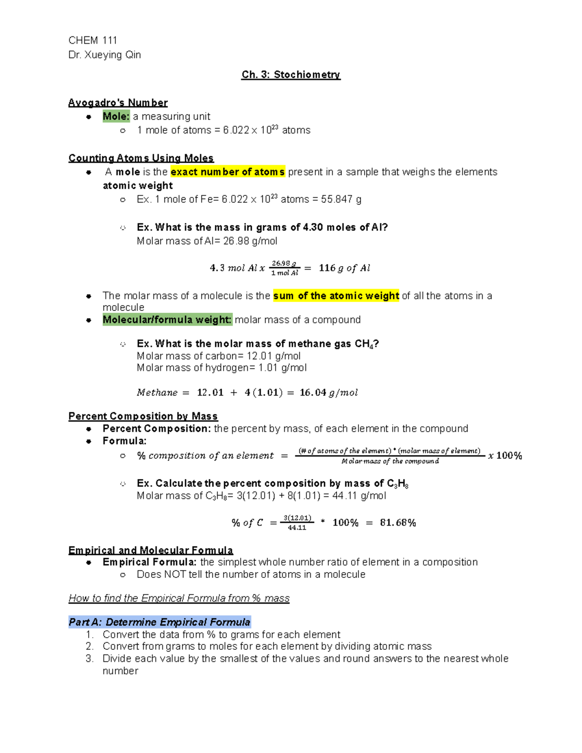 Chem 111 Ch. 3 notes - CHEM 111 Dr. Xueying Qin Ch. 3: Stochiometry ...