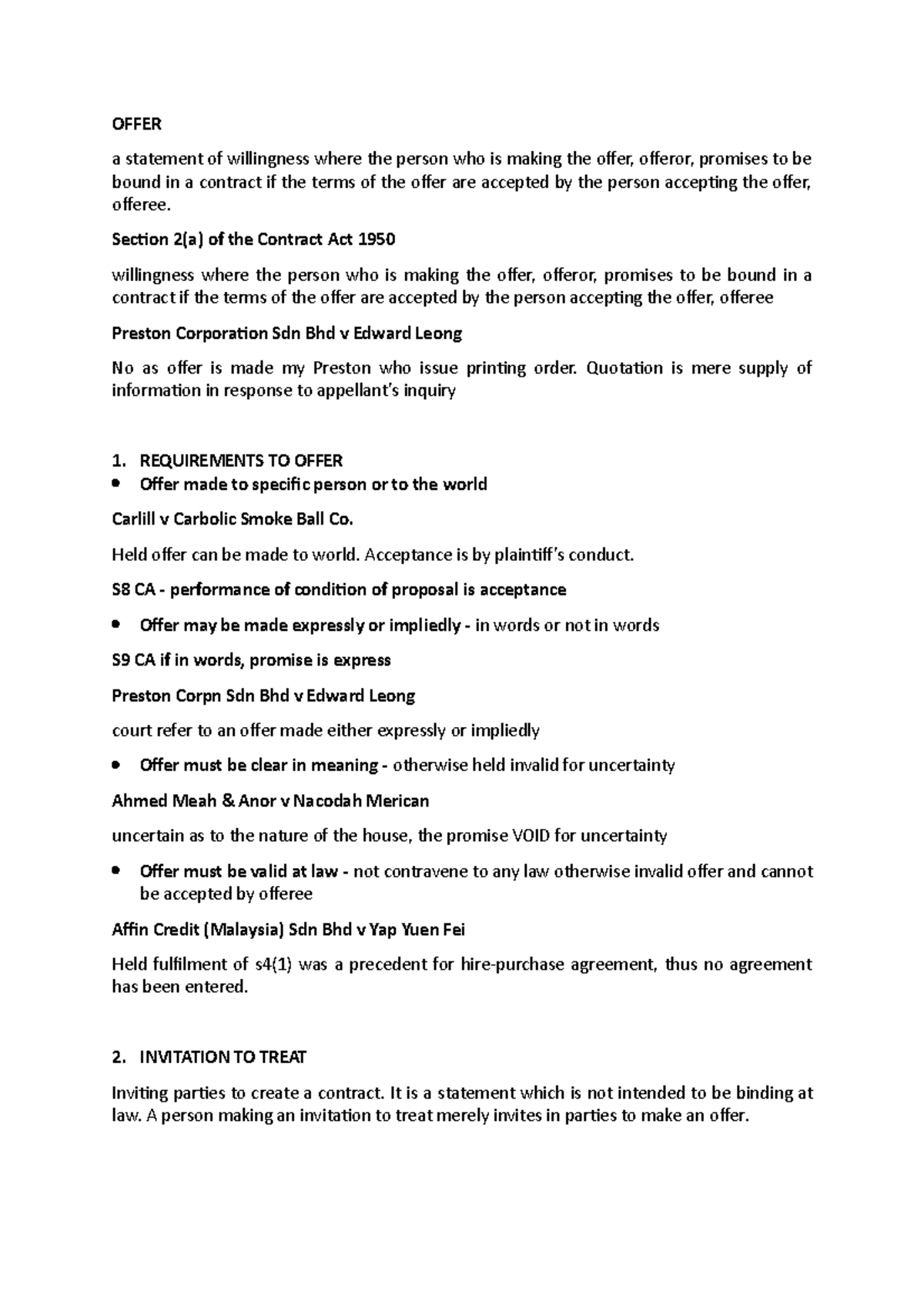 Offer - Contract Chapter I - OFFER a statement of willingness where the ...