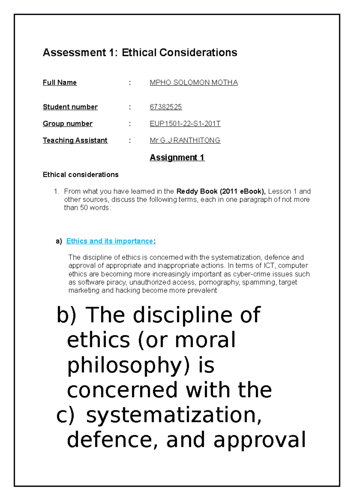 EUP1501 22 S1 201T ASS 01 Ethical - Assessment 1: Ethical ...