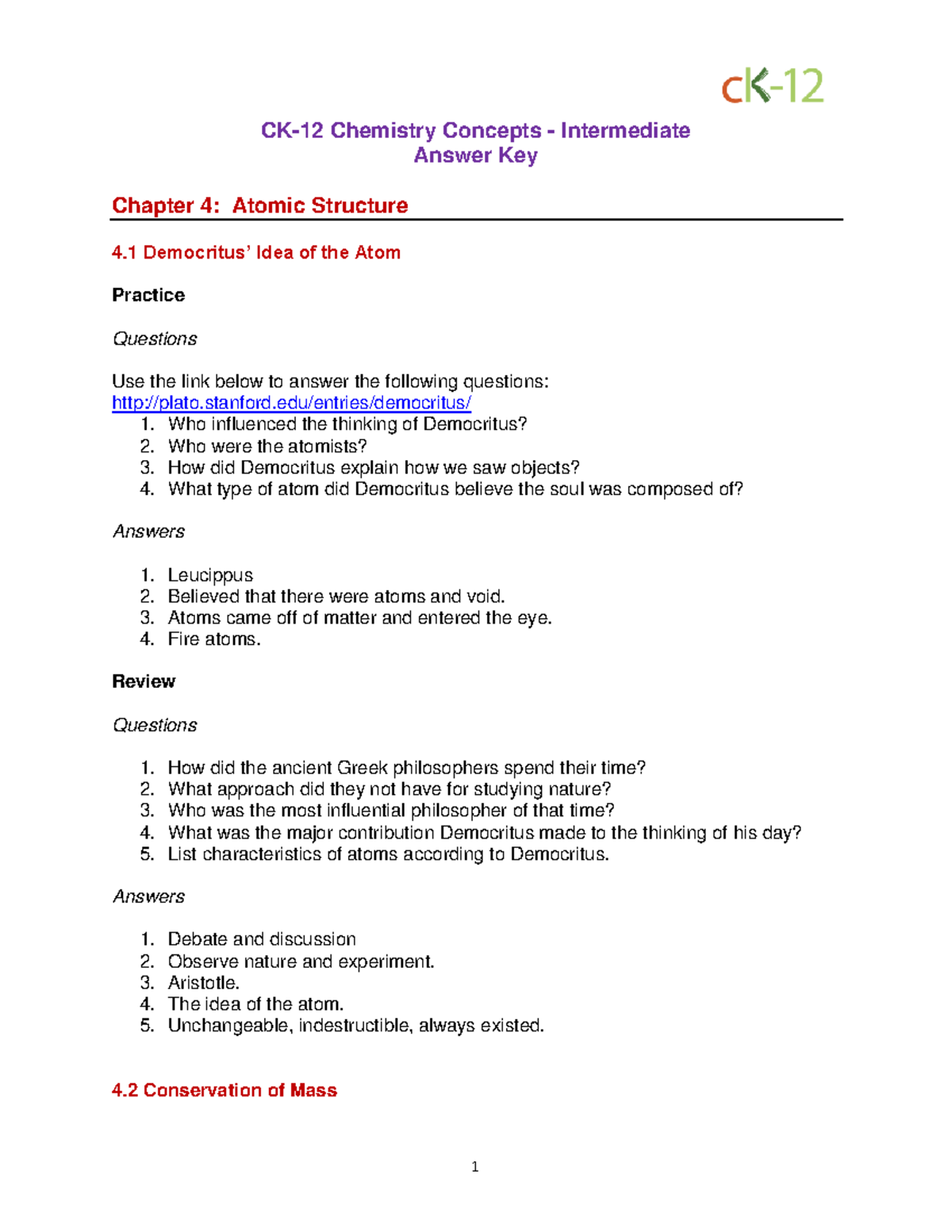 Chem Int CC - 04 Atomic Structure - Answer Key PDF - CK-12 Chemistry ...