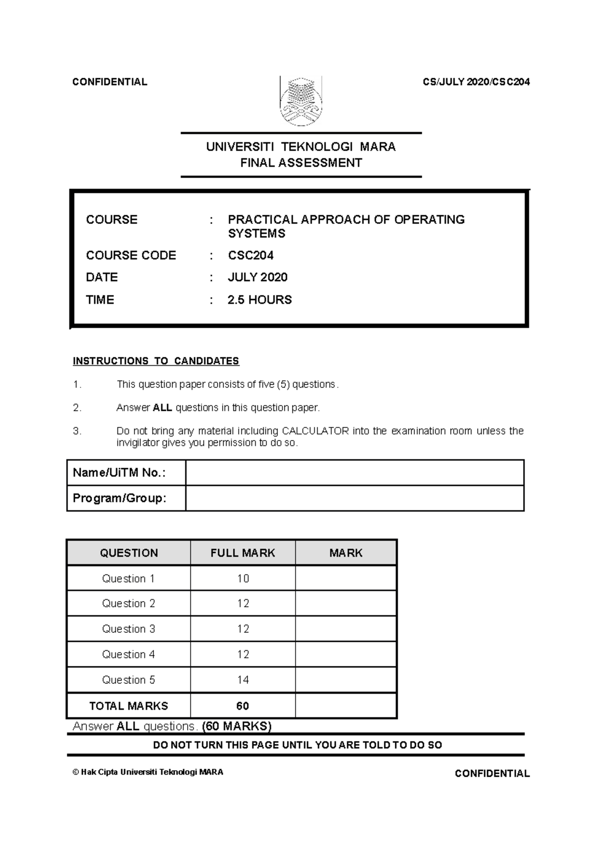 CSC204 Final Assessment - Set 1 (Question) osfinal 2020 - UNIVERSITI TEKNOLOGI MARA FINAL ...
