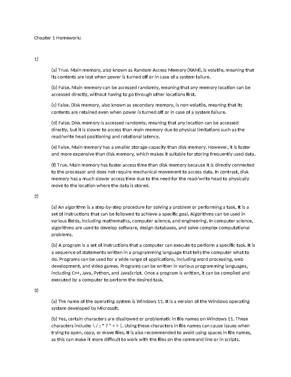 Chapter 1 Homework - Chapter 1 Homework: 1) (a) True. Main memory, also known as Random Access ...