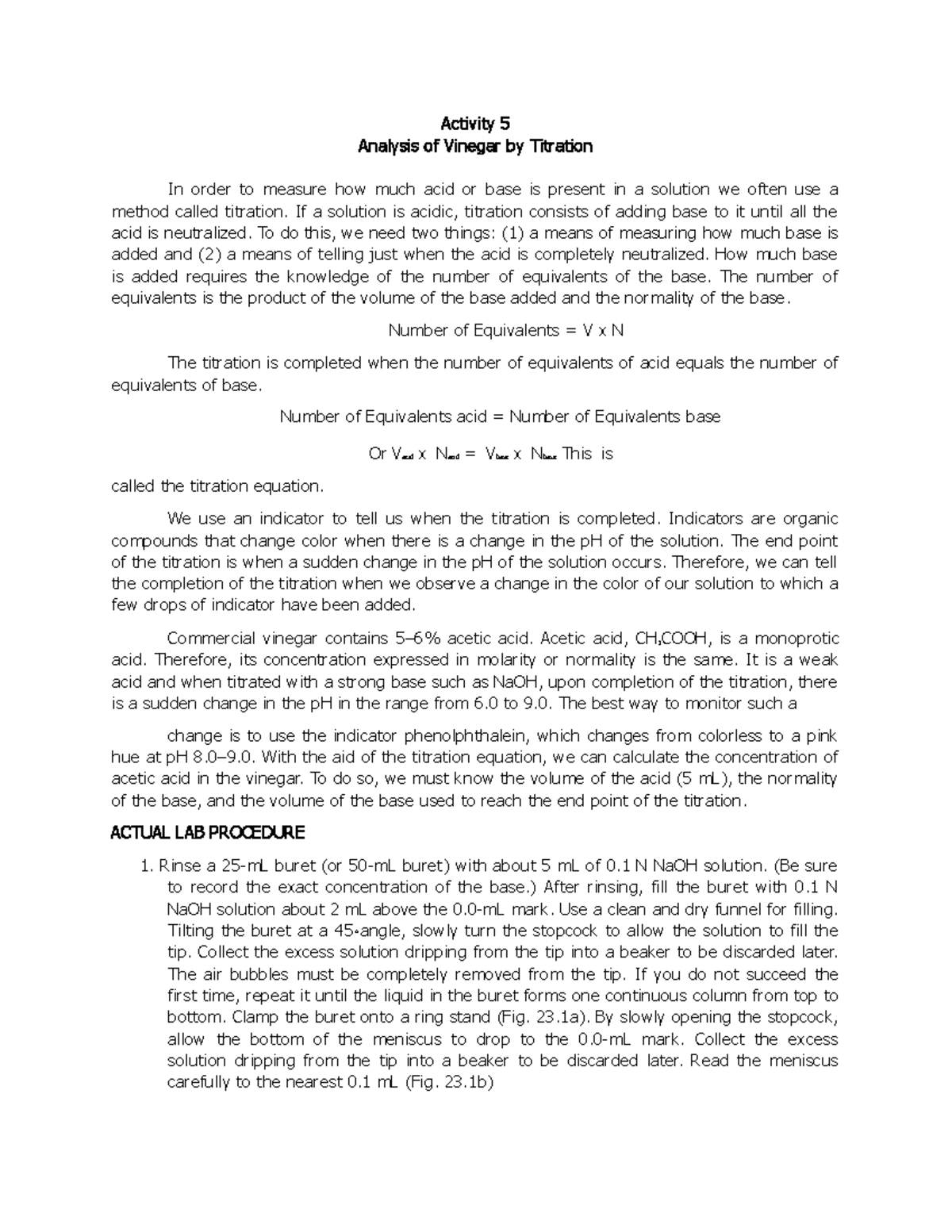 Vinigar titration - Lecture notes 1 - Activity 5 Analysis of Vinegar by ...