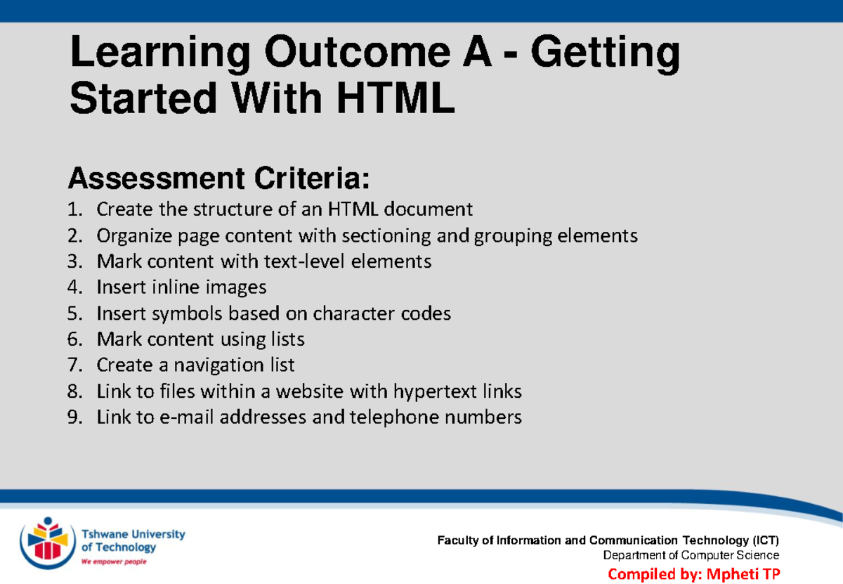 Learning Outcome A Notes Compiled By TP Mpheti - Faculty of Information ...