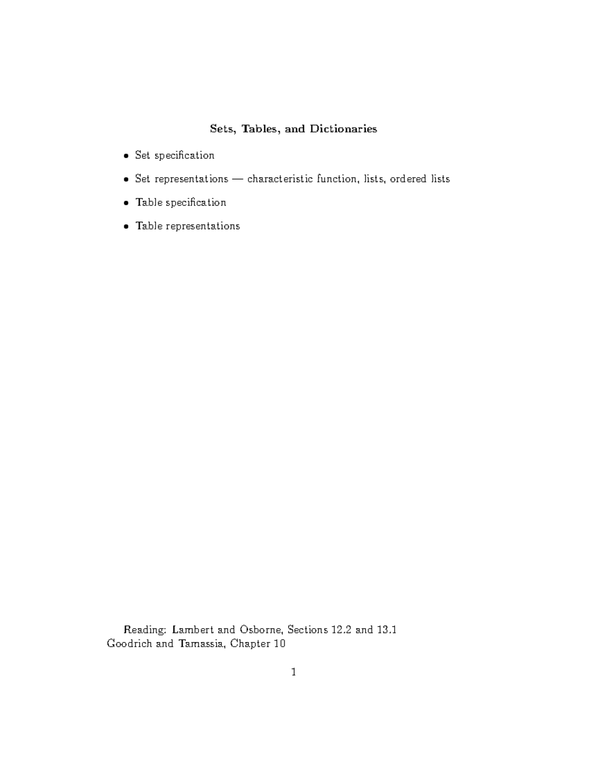 Sets - lecture - Sets, Tables, and Dictionaries Set specification Set representations — - Studocu