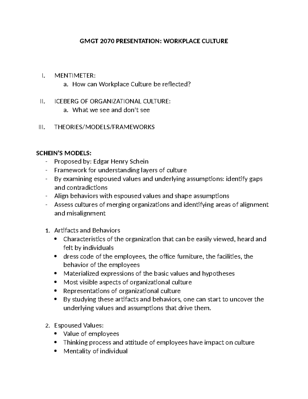 GMGT 2070 Presentation - GMGT 2070 PRESENTATION: WORKPLACE CULTURE I ...
