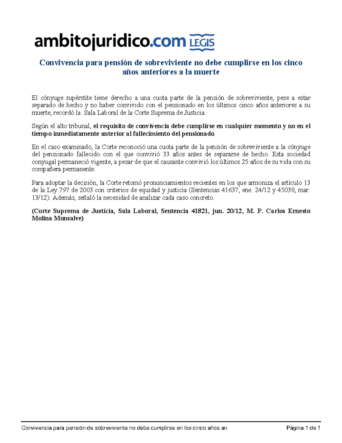 Ambito~1 - familia - Convivencia para pensión de sobreviviente no debe ...