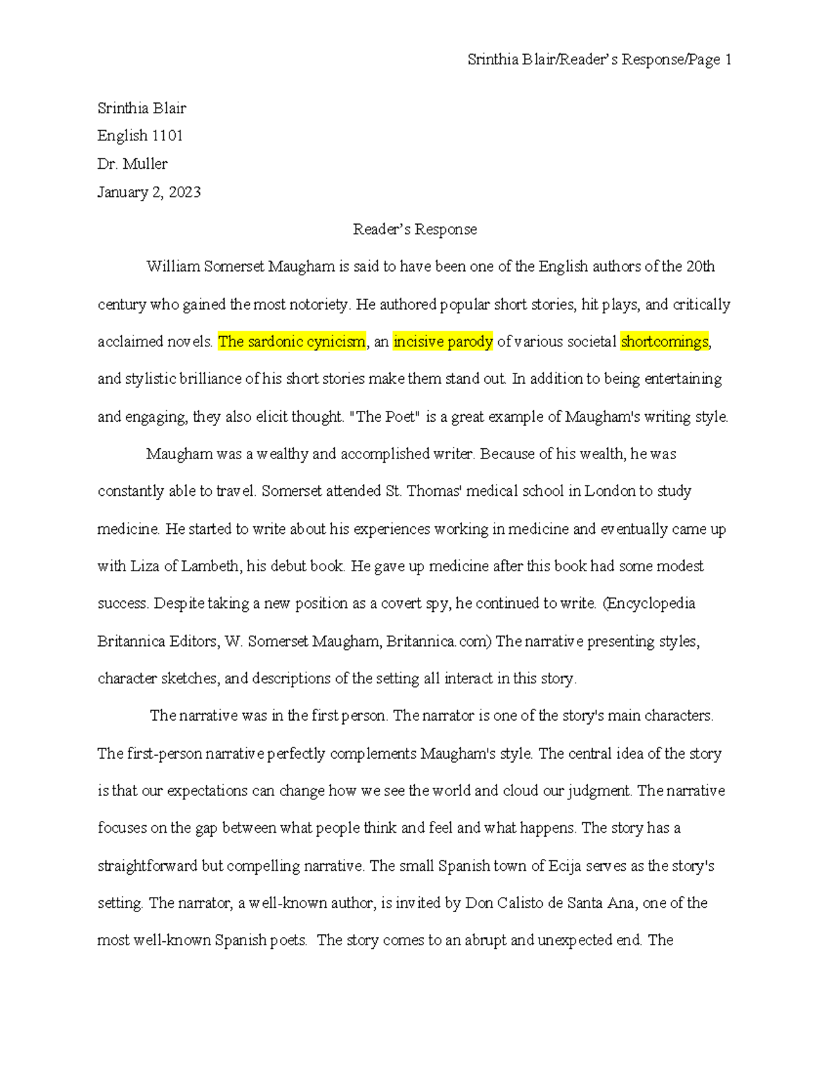 Reader's Response - N/A - Srinthia Blair/Reader’s Response/Page 1 ...