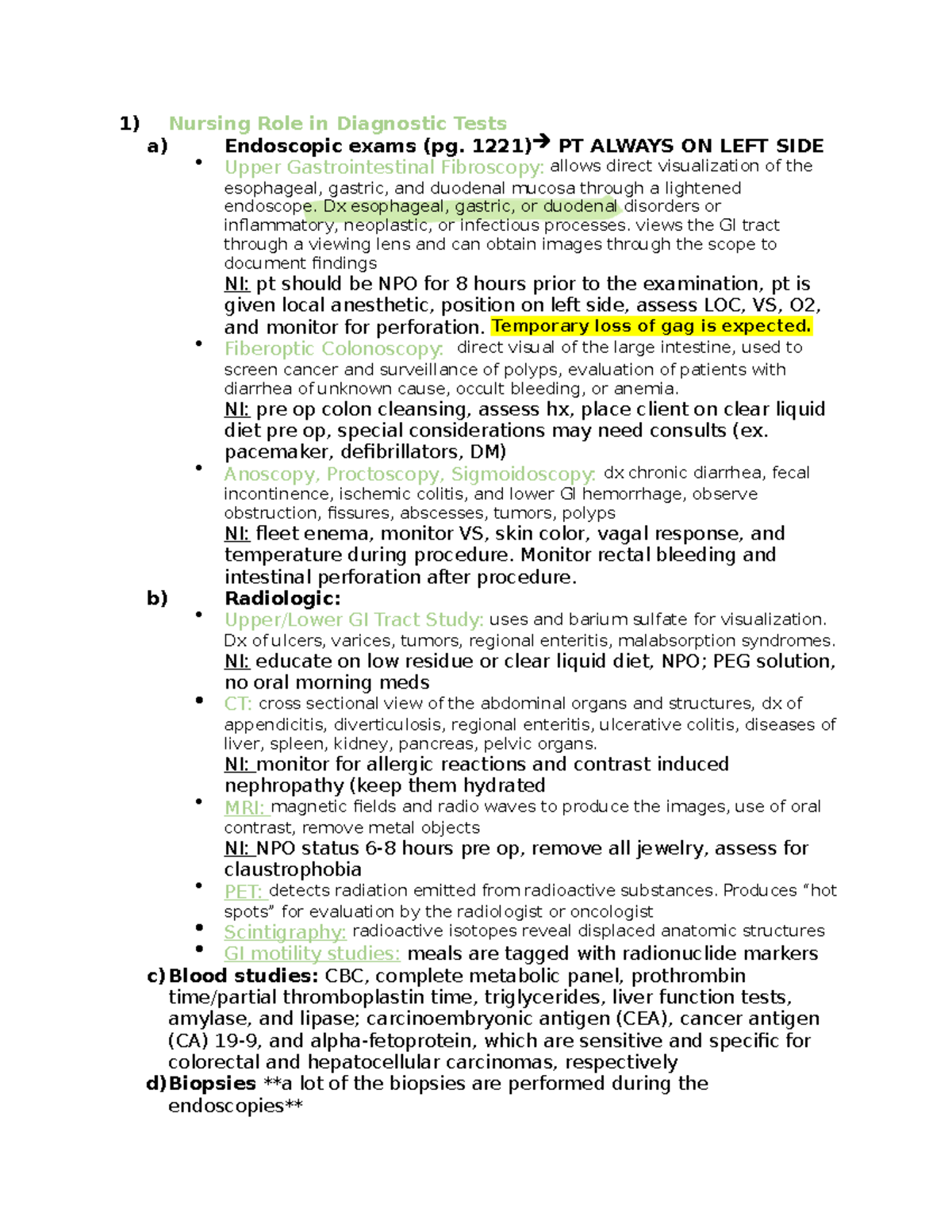 Gi outline - Nursing Role in Diagnostic Tests a) Endoscopic exams (pg ...