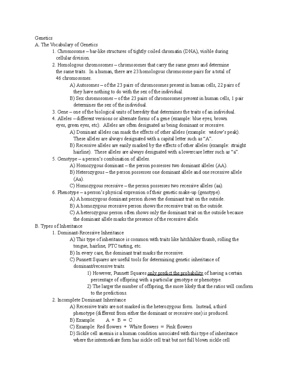 Genetics Notes - Genetics A. The Vocabulary of Genetics 1. Chromosome ...