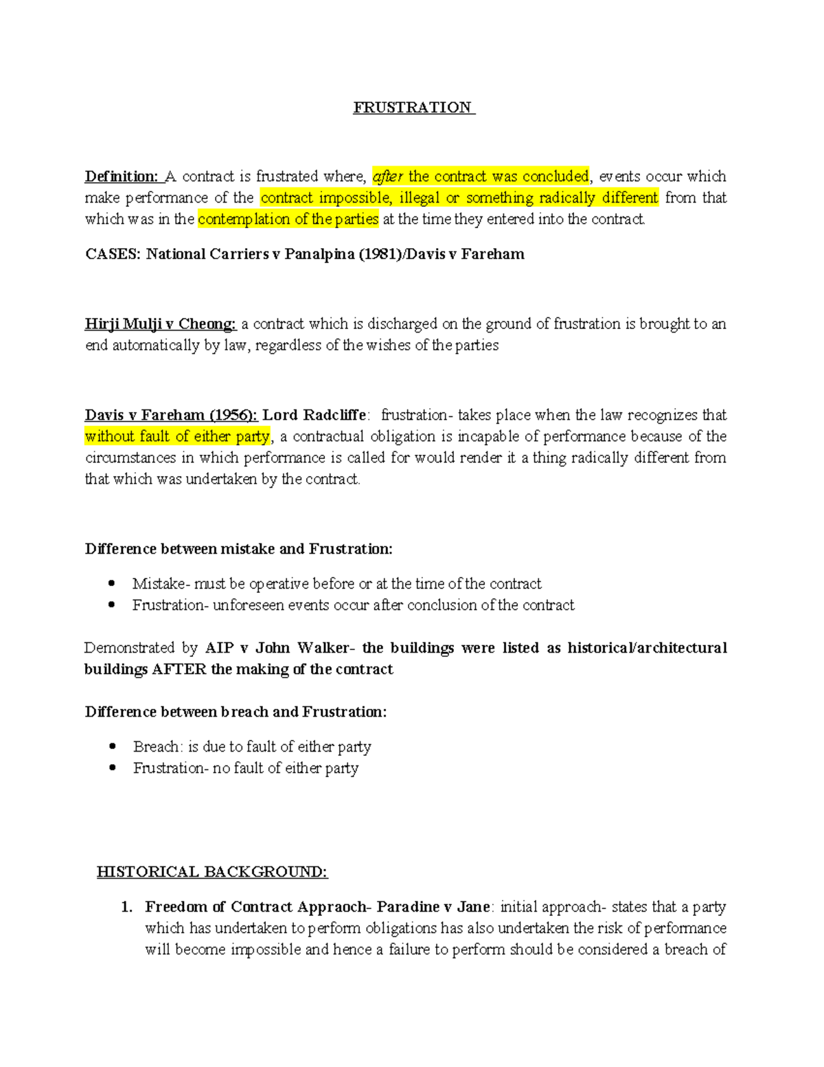 Frustration Note - notes - FRUSTRATION Definition: A contract is ...