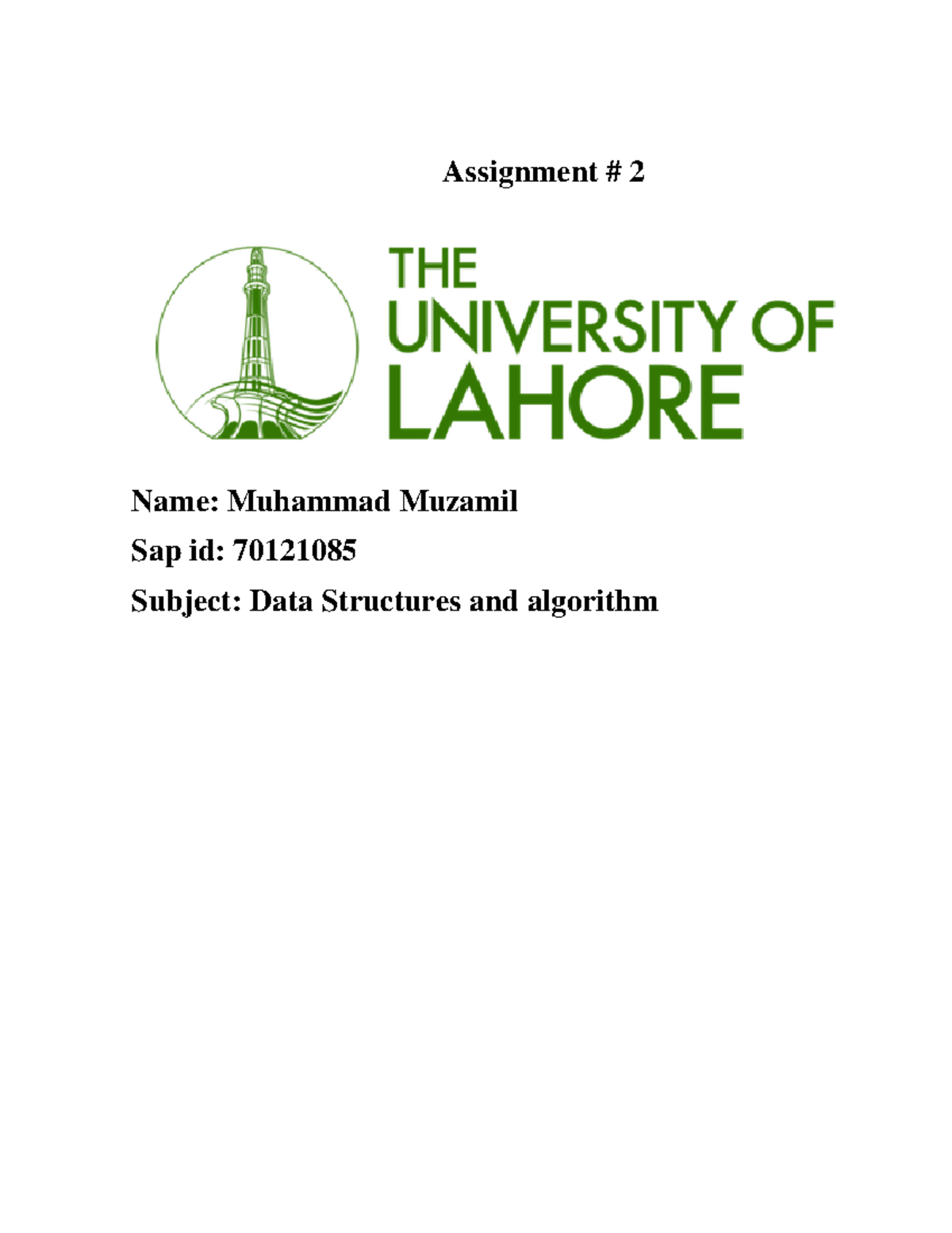 DSA Assignment 2 - this is very important note - Assignment # 2 Name ...