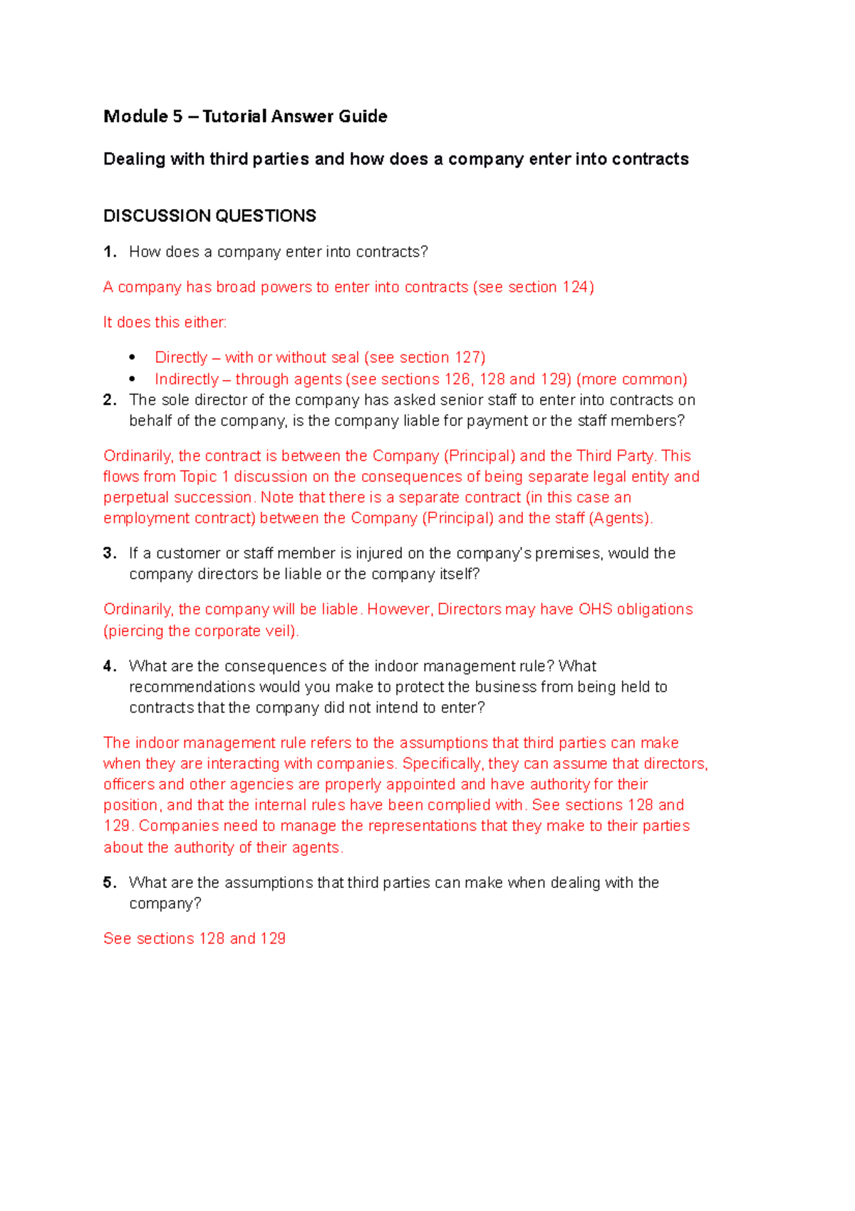 Modue 5- Company Law - Tutorial Answer Guide - Module 5 – Tutorial ...