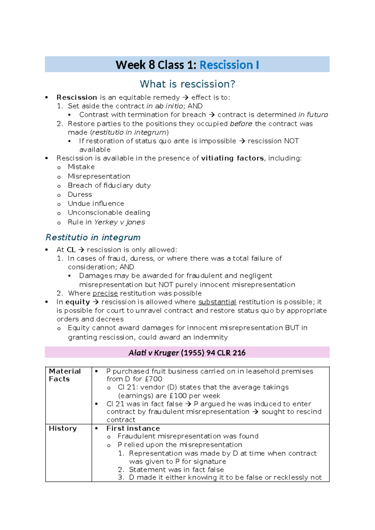 Contracts Class 8A Notes - Week 8 Class 1: Rescission I What is ...