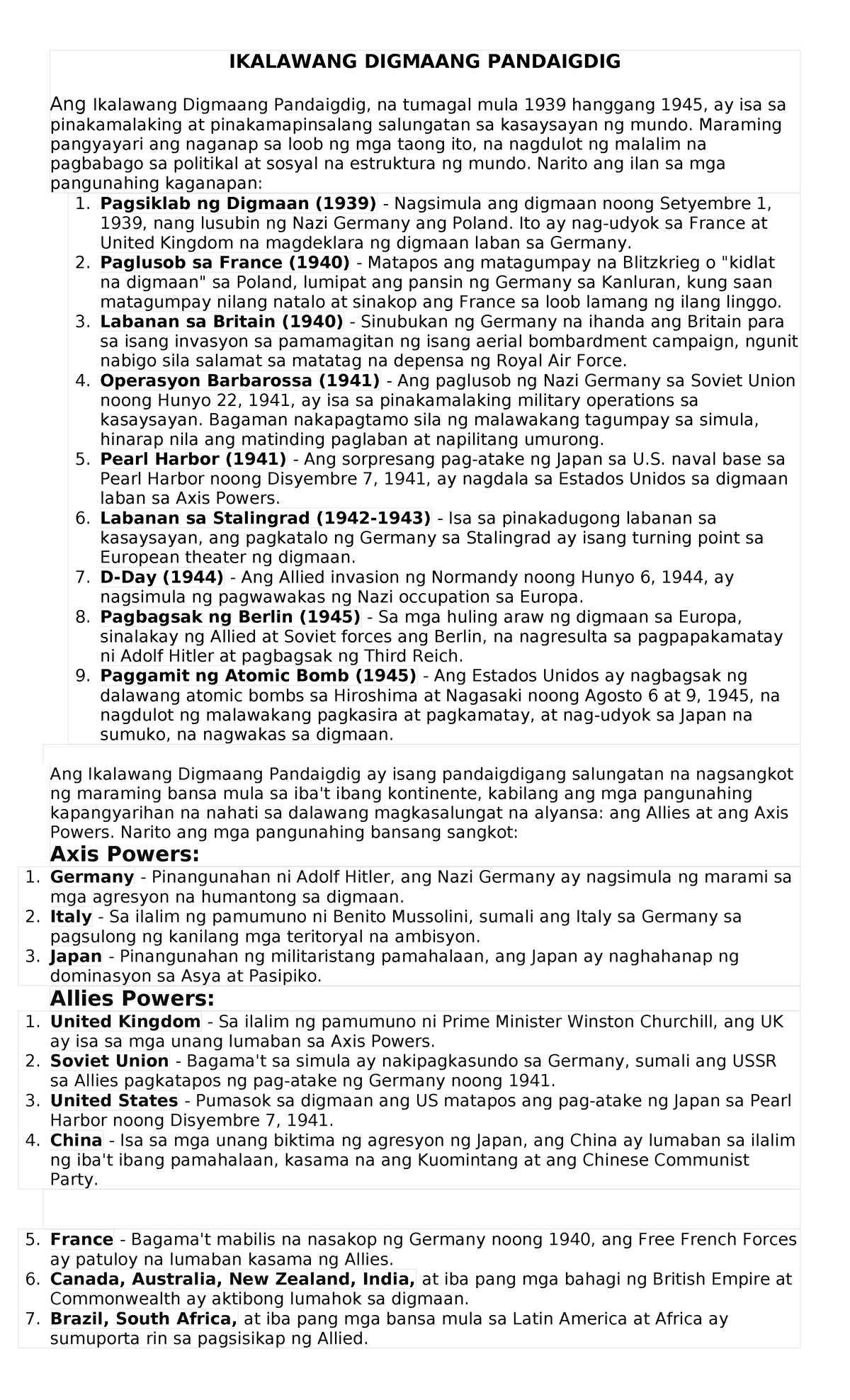 Ikalawang Digmaang Pandaigdig Notes - IKALAWANG DIGMAANG PANDAIGDIG Ang ...