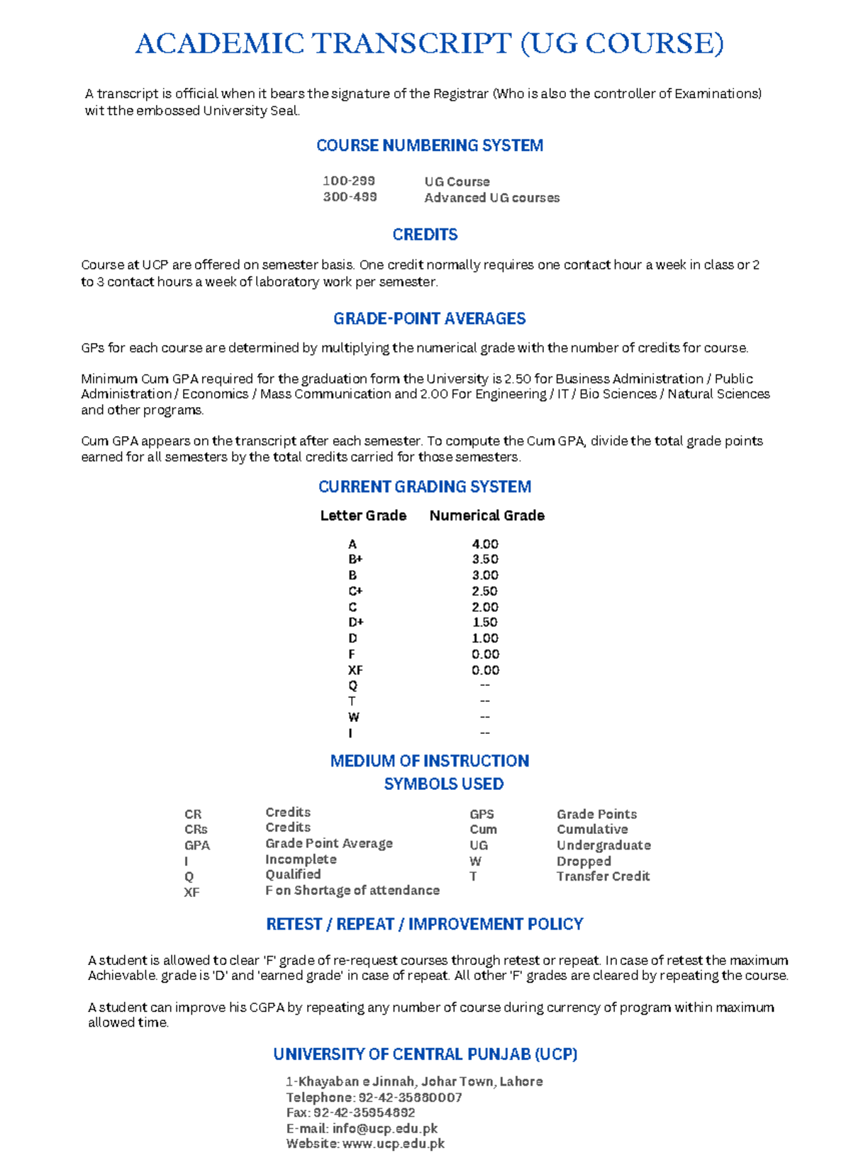 NUST transcript back - Xyz - ACADEMIC TRANSCRIPT (UG COURSE) A ...