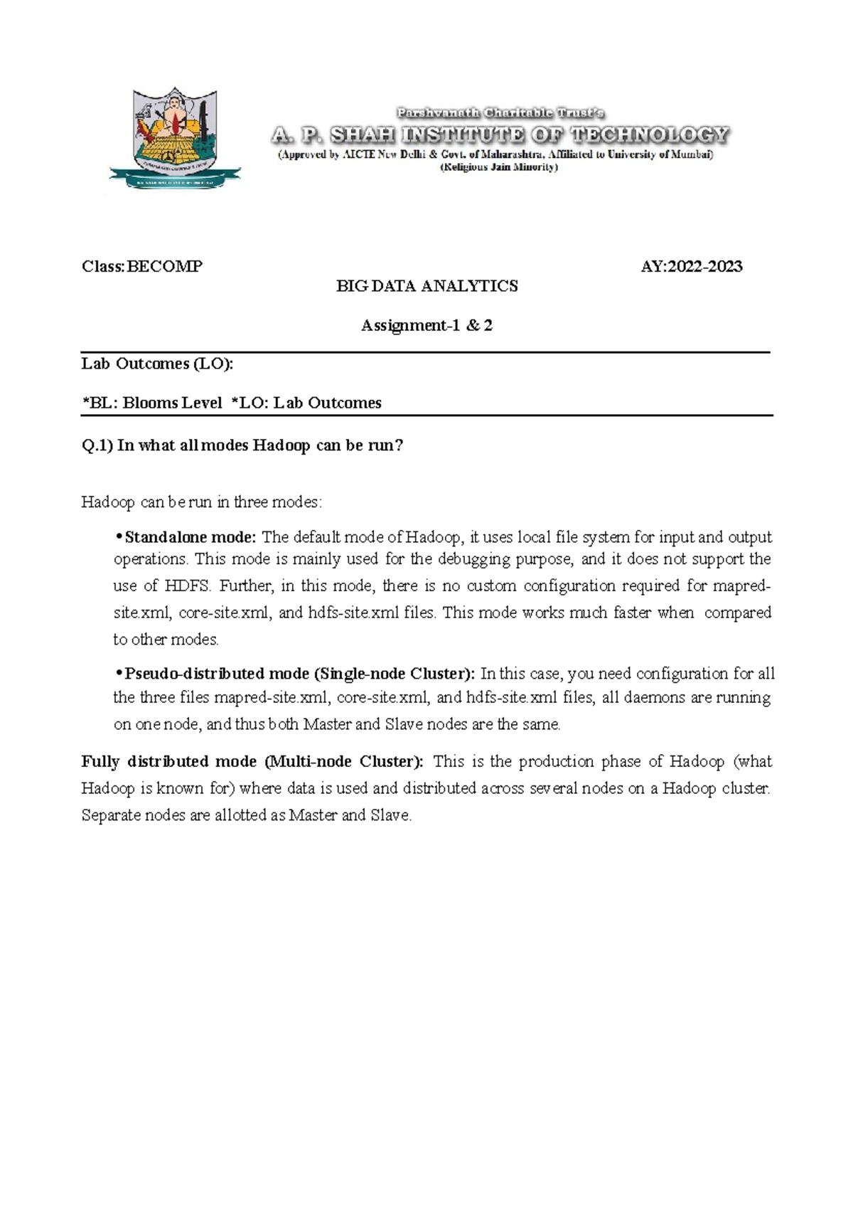 BDA assignment 1 - Class:BECOMP AY:2022- BIG DATA ANALYTICS Assignment-1 & 2 Lab Outcomes (LO ...