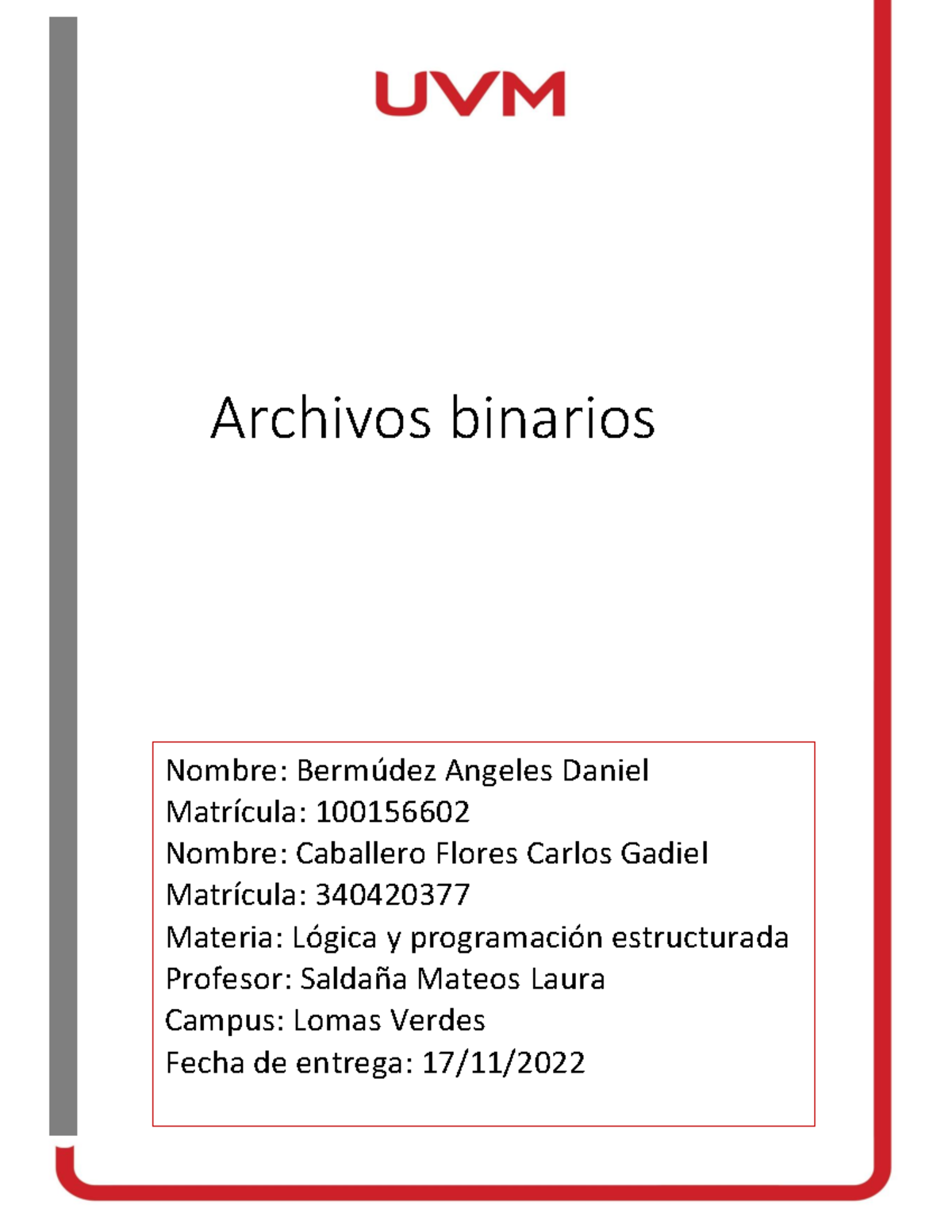 Archivos Binarios - Archivos binarios Nombre: Bermúdez Angeles Daniel Matrícula: 100156602 ...
