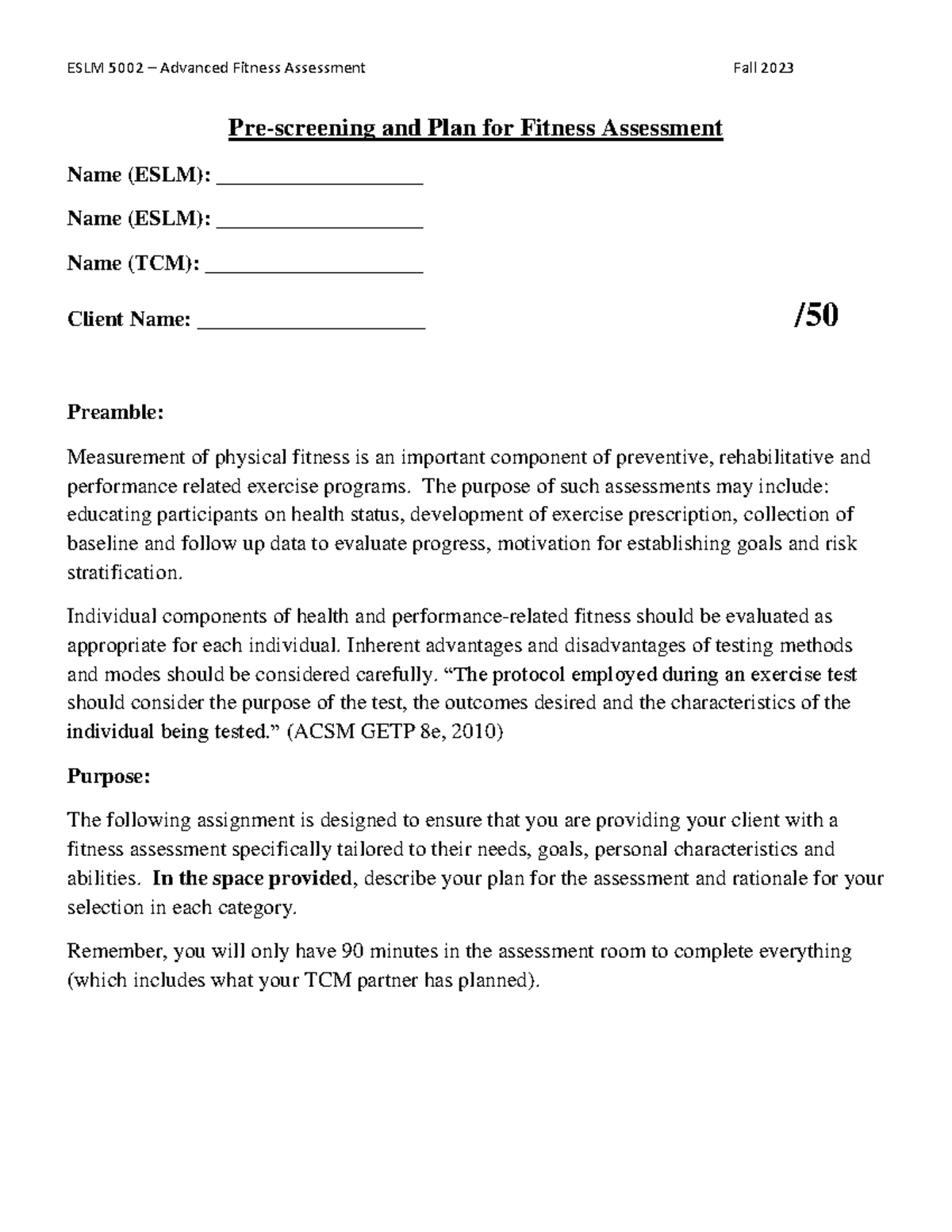 Pre-screening and Plan for Fitness Assessment - The purpose of such ...