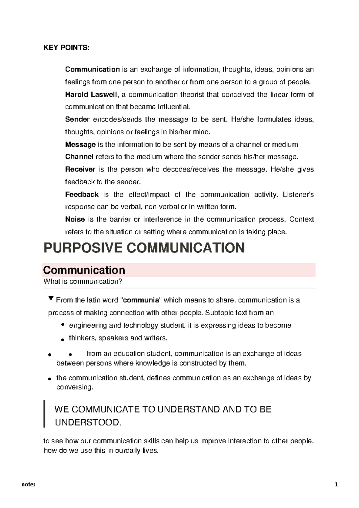 Purposive Communication Notes - KEY POINTS: Communication is an ...