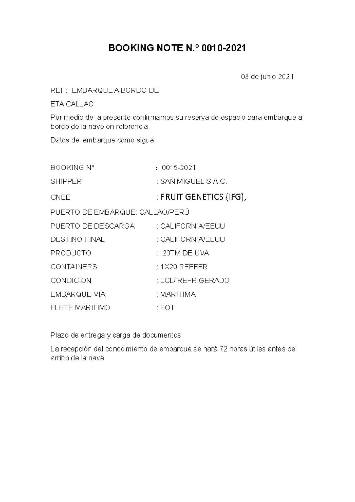 Modelo Booking 11 PARA - BOOKING NOTE N.º 0010- 03 de junio 2021 REF ...