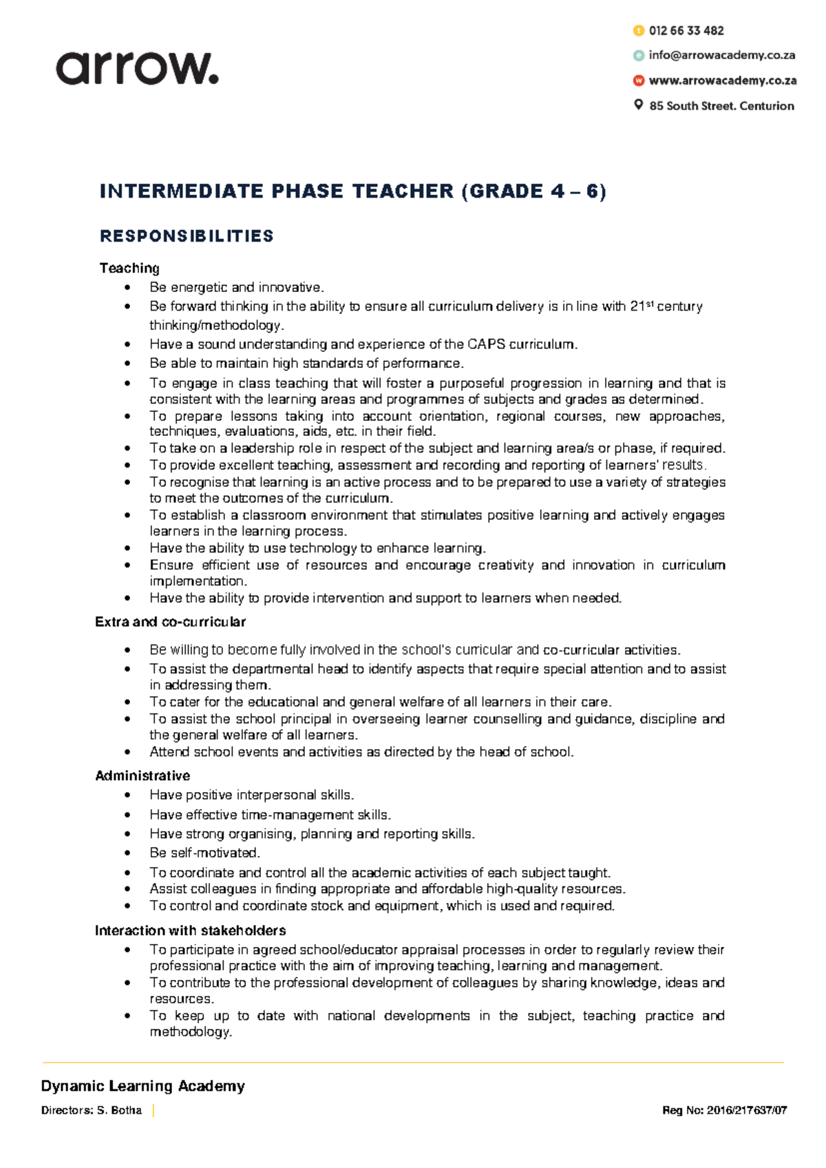 Intermediate Phase Teacher 2018 - Dynamic Learning Academy Directors: S ...