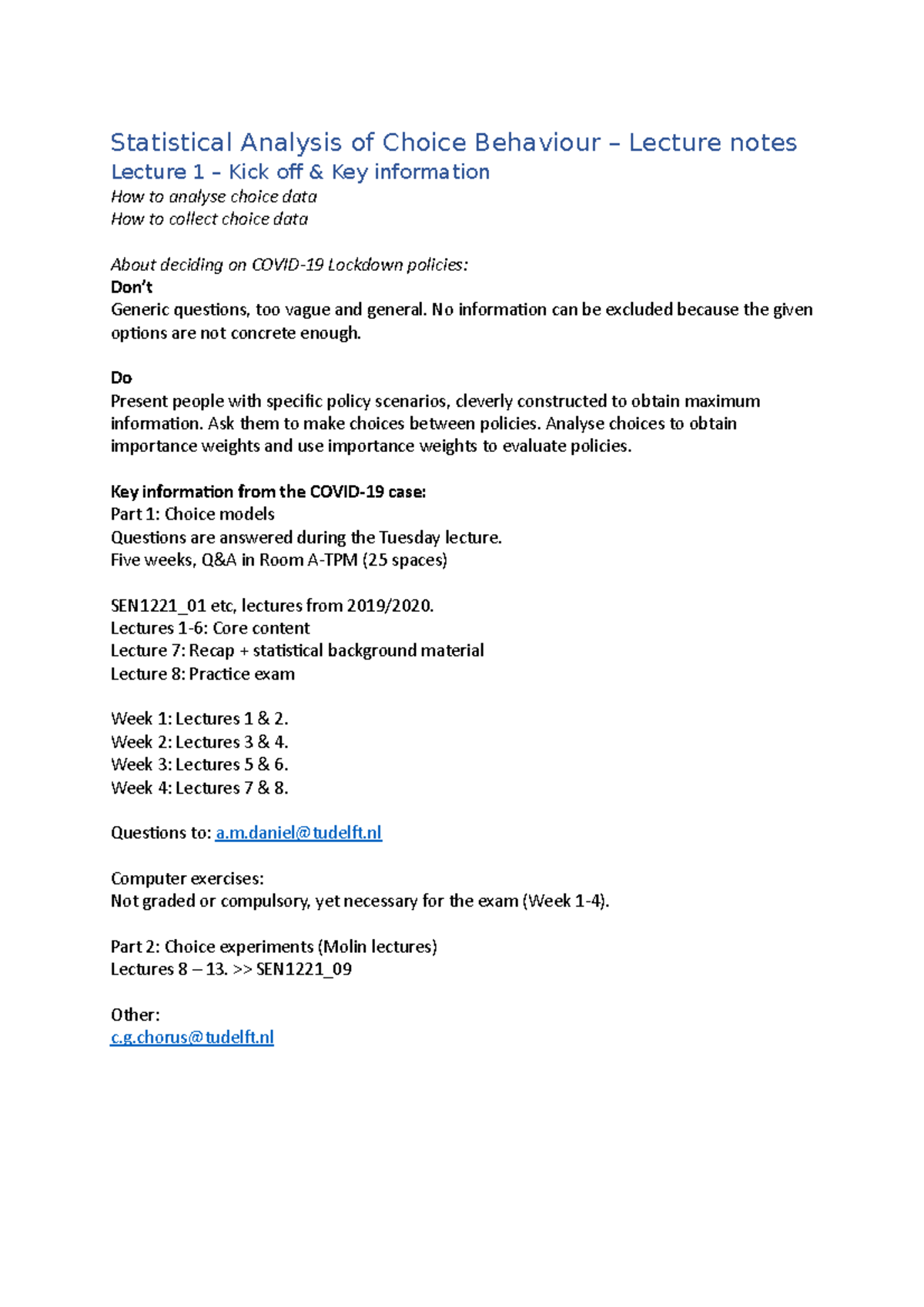 Statistical Analysis of Choice Behaviour Lectures - Statistical ...