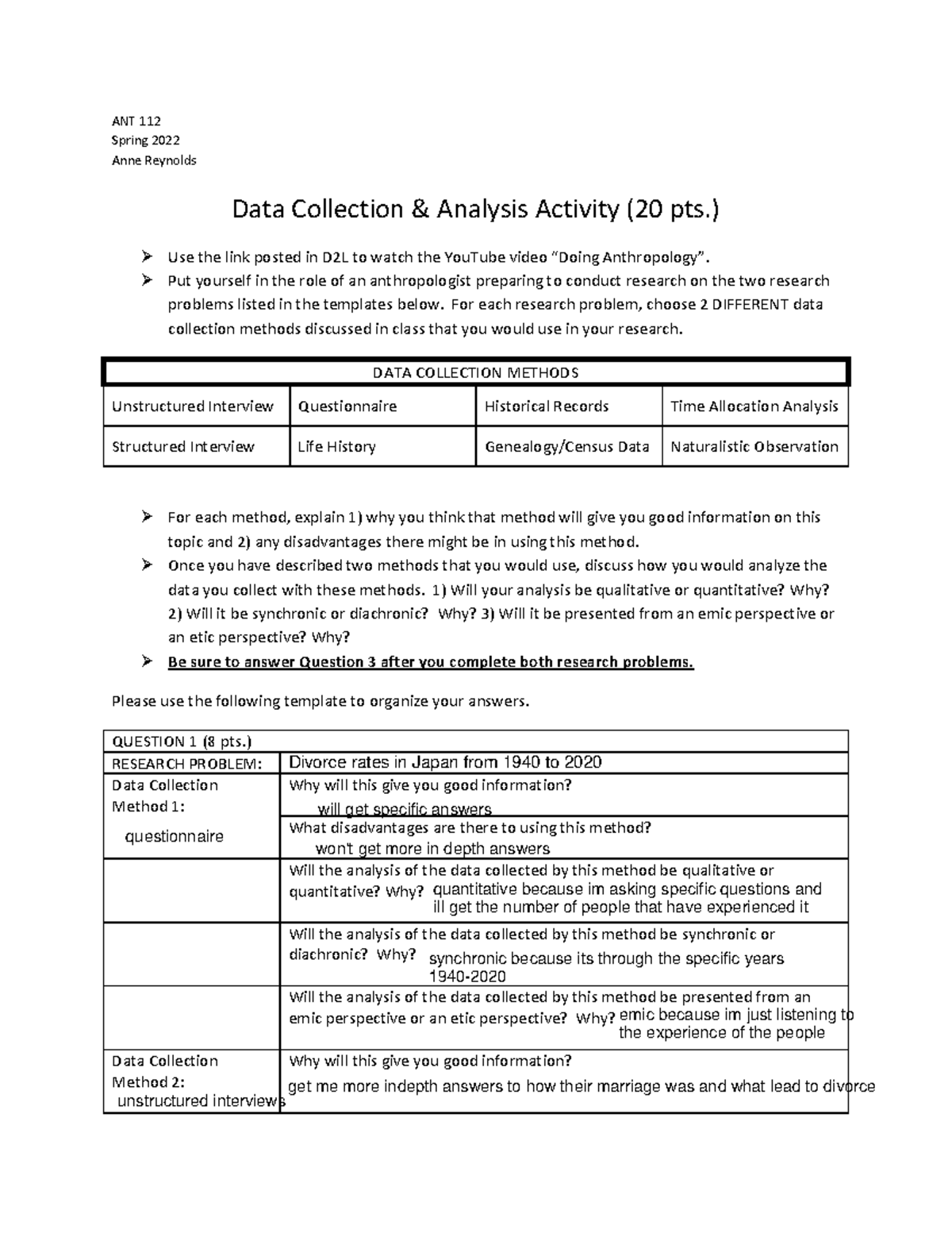 Data Collection - practice activity - ANT 112 Spring 2022 Anne Reynolds ...