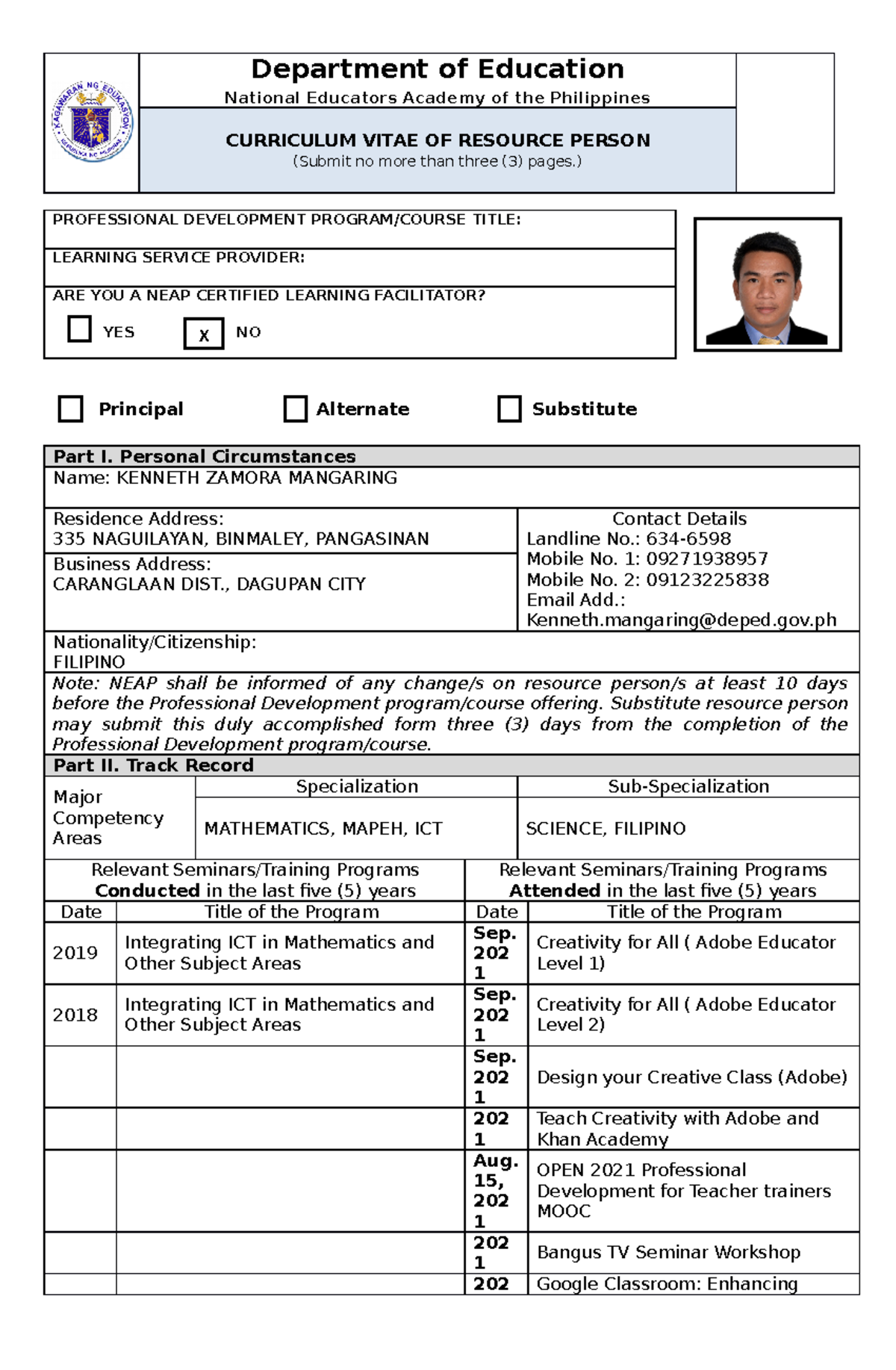 Template NEAP CV For Resource Speakers Department Of Education