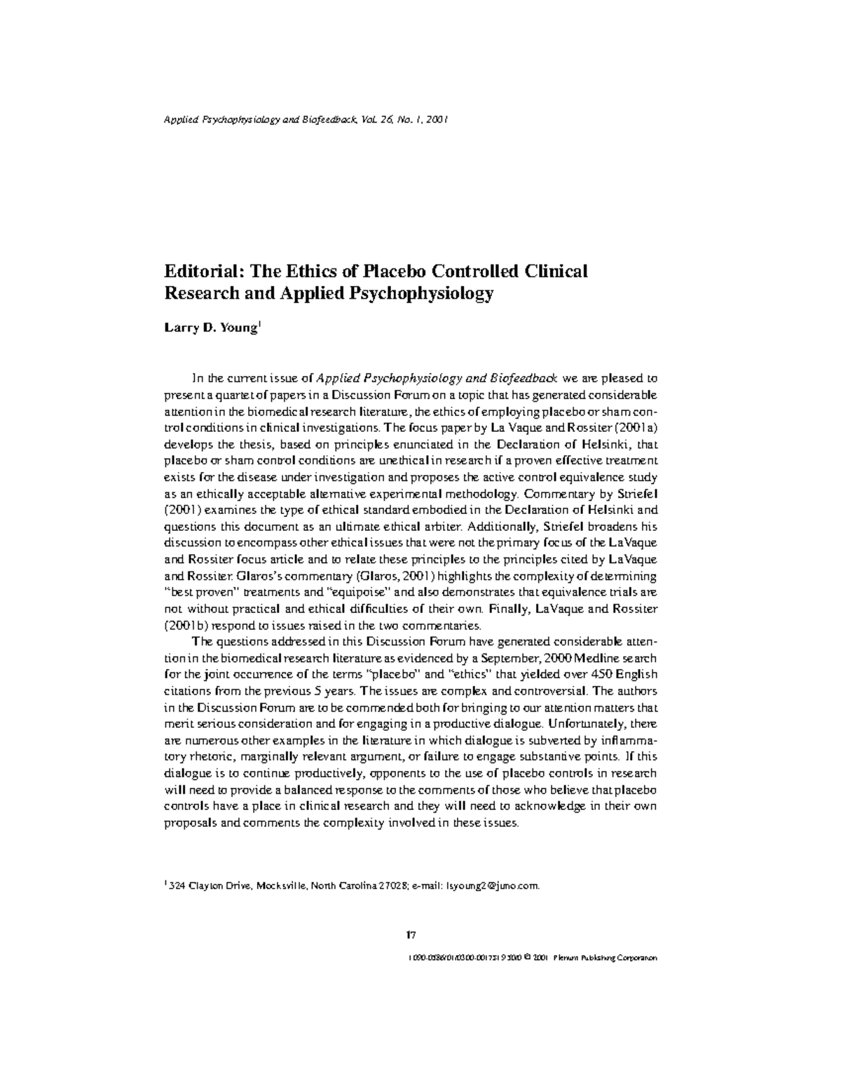 The Ethics of Placebo Controlled Clinical - Applied Psychophysiology ...