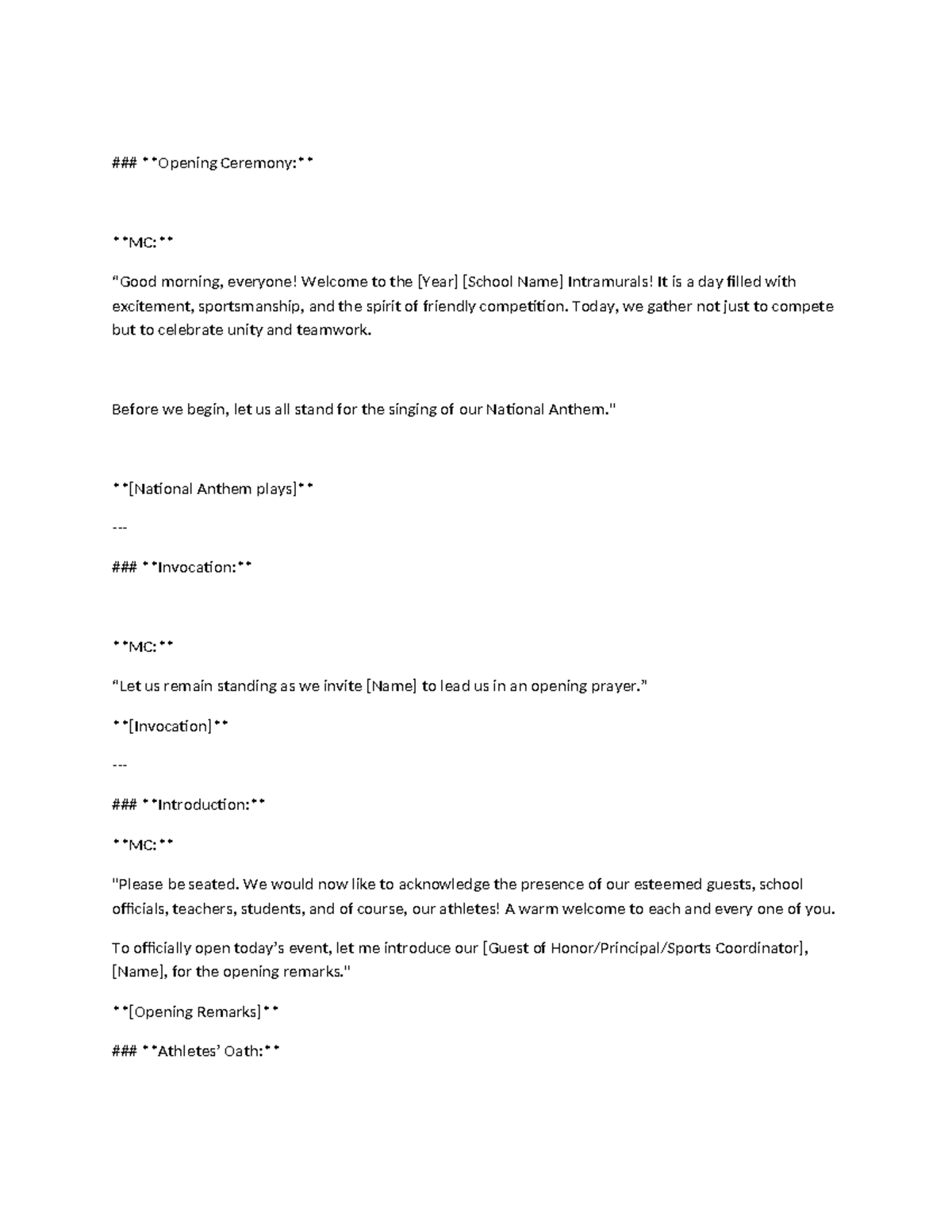 Script - Opening Ceremony: MC: “Good morning, everyone! Welcome to the ...