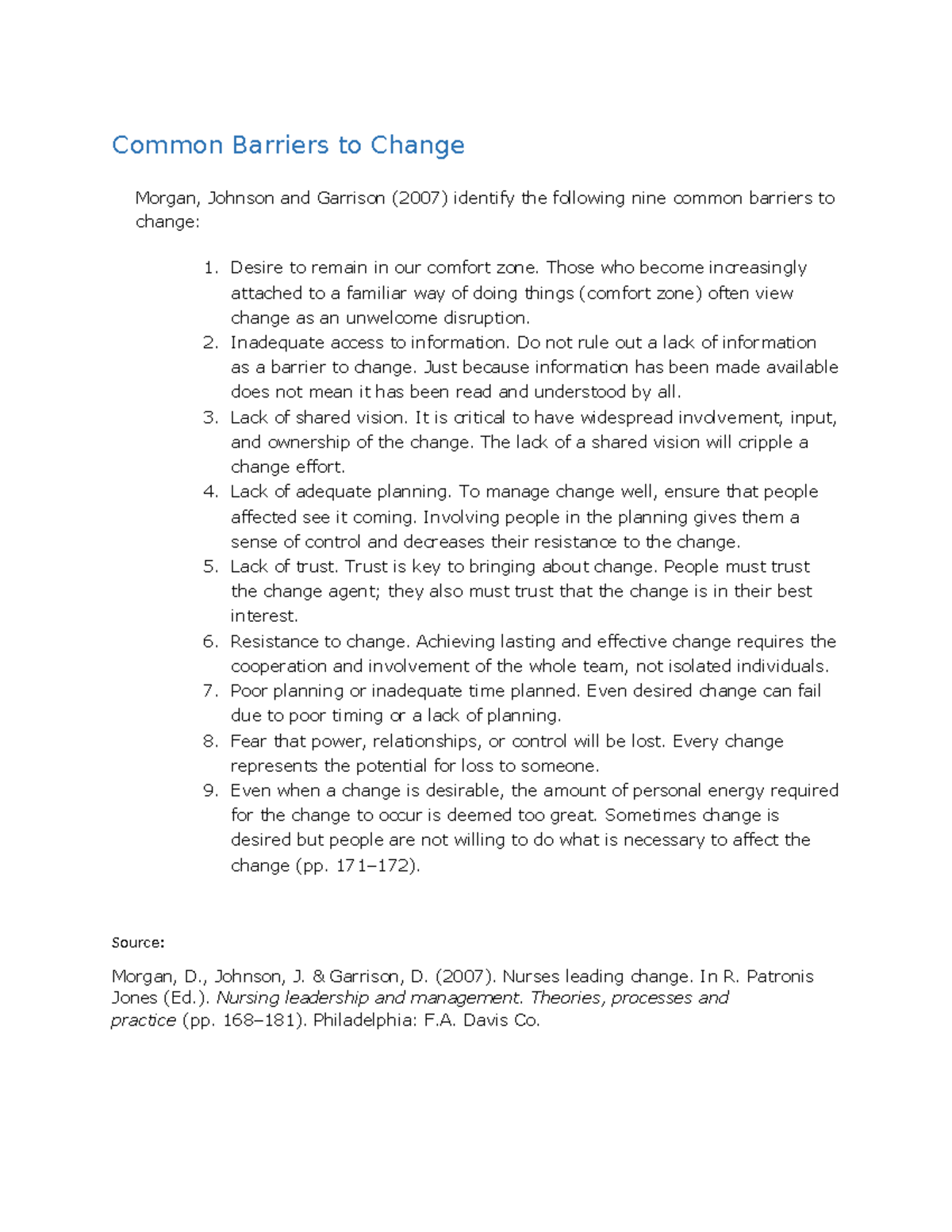 BSNC6020 mod8 Common Barriers to Change - Common Barriers to Change ...