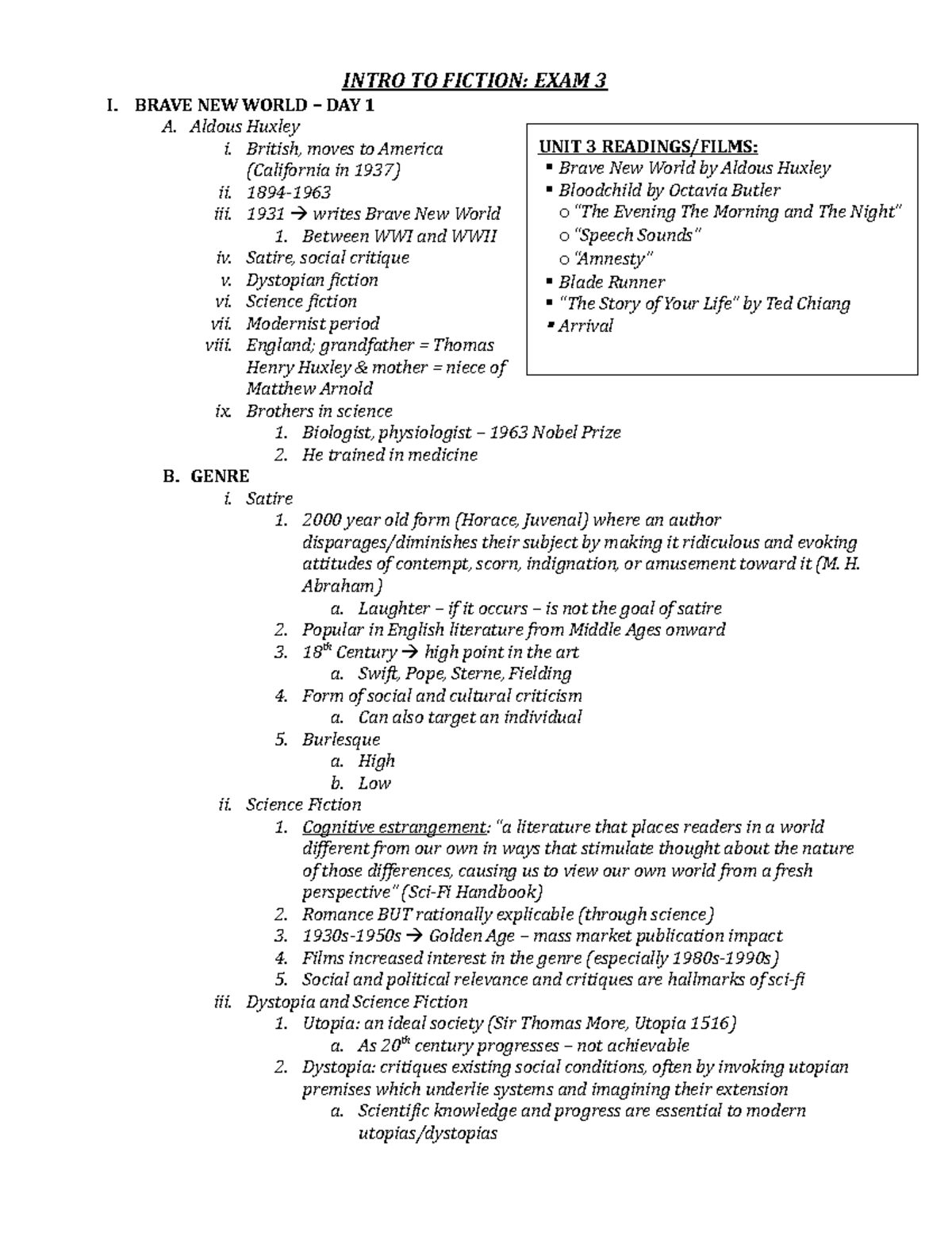 2017-Intro to Fiction-Exam 3 Review - INTRO TO FICTION: EXAM 3 I. BRAVE ...