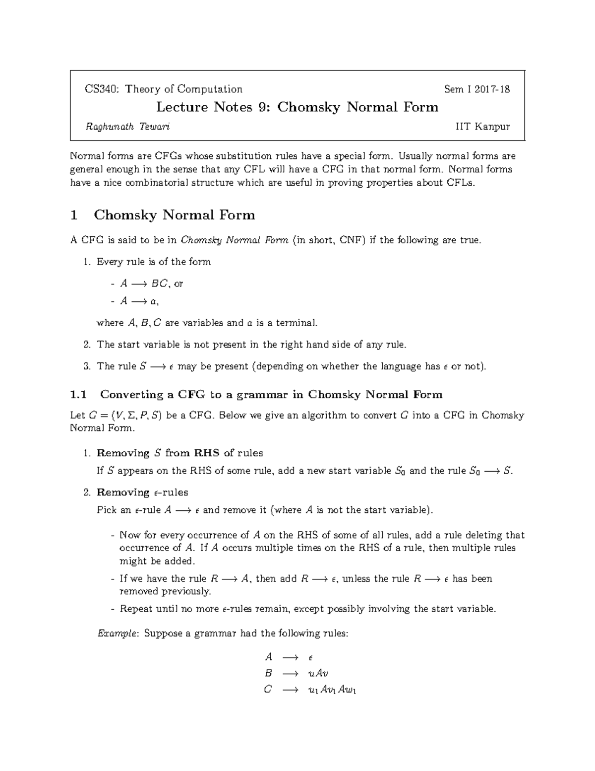 Theory-of-Computation-chomsky normal form - CS340: Theory of Computation Sem I 2017- Lecture ...