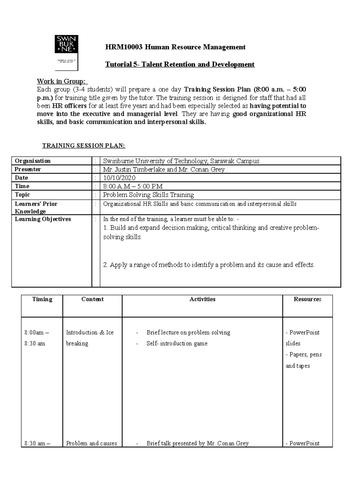 Training Plan - HRM10003 Human Resource Management Tutorial 5- Talent ...