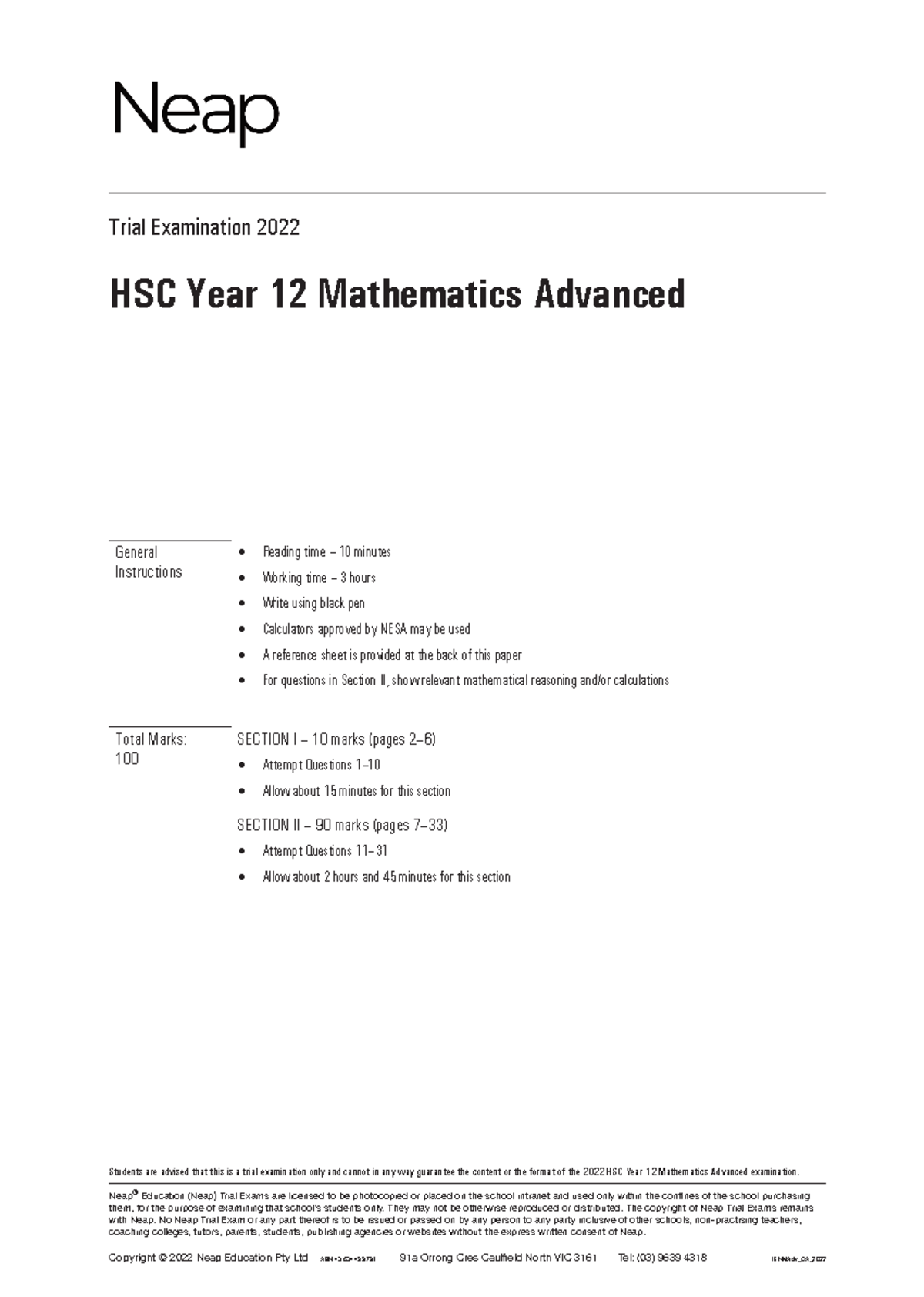 HSC Mathematics Advanced Year 12 Question and Answer Booklet 2022 ...
