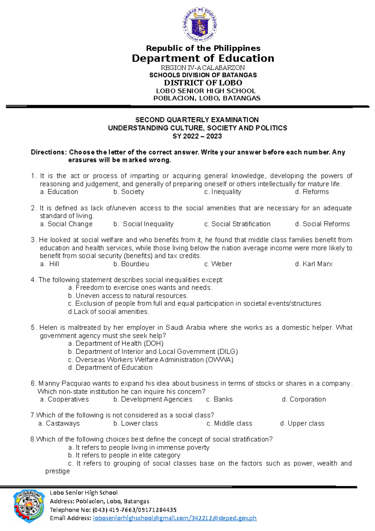 UCSP Exam - This is an example of UCSP exam. - Department of Education ...
